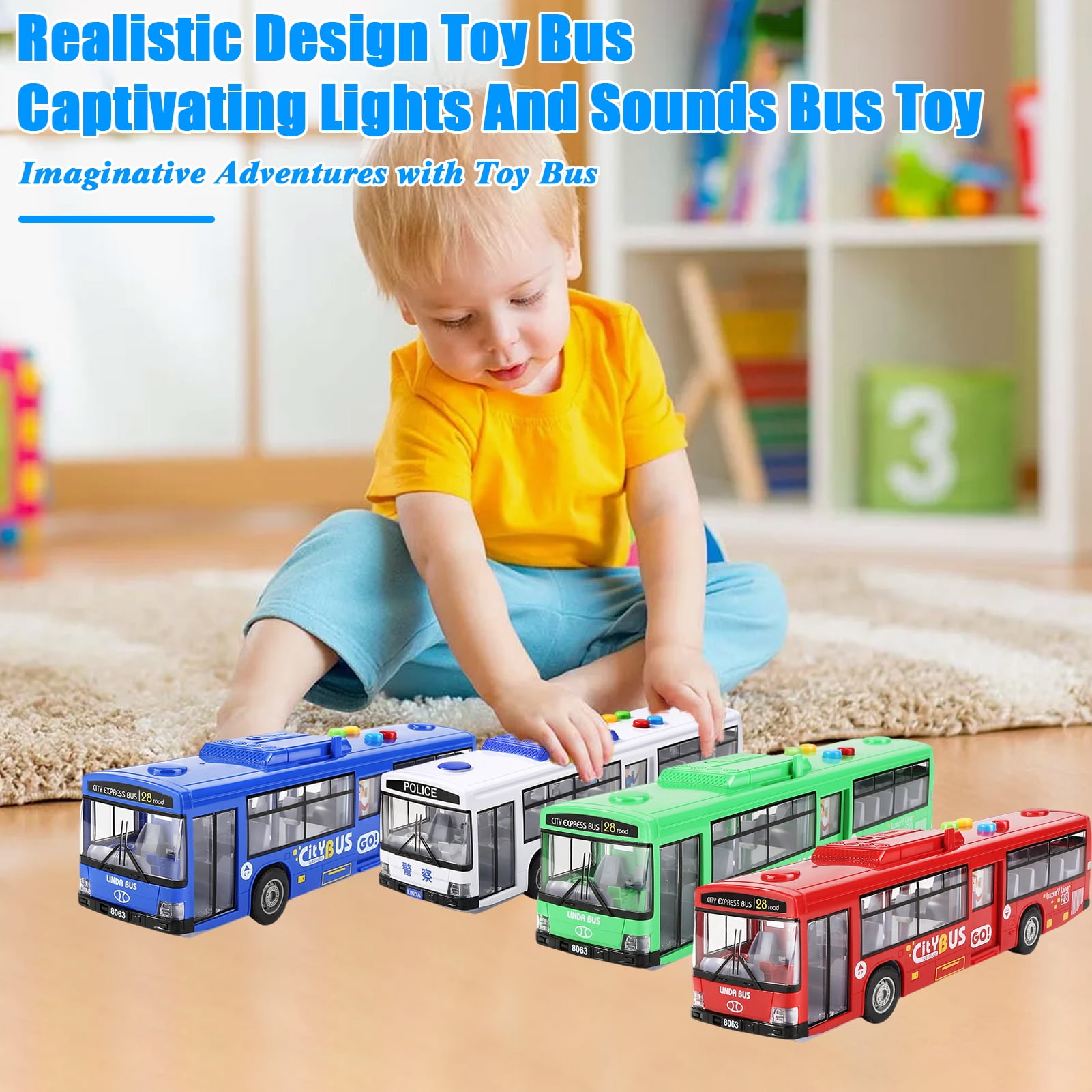 Sioweci Toy Bus Realistic Model Car with Lights Sounds Friction-Powered ...