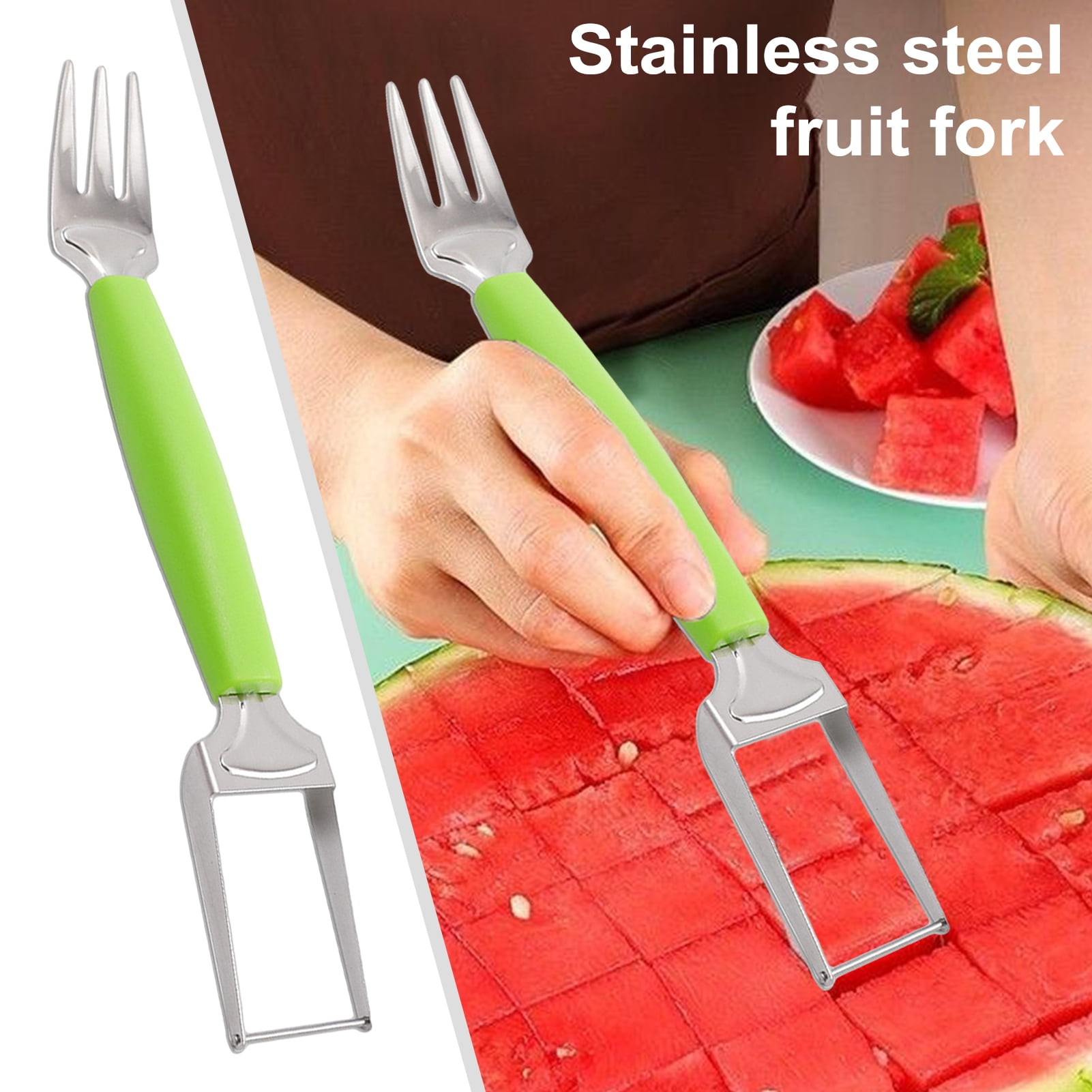 Sioweci Watermelon Slicer Stainless Steel 2-In-1 Fork Cutter Portable Fruit Cube Cutter ...