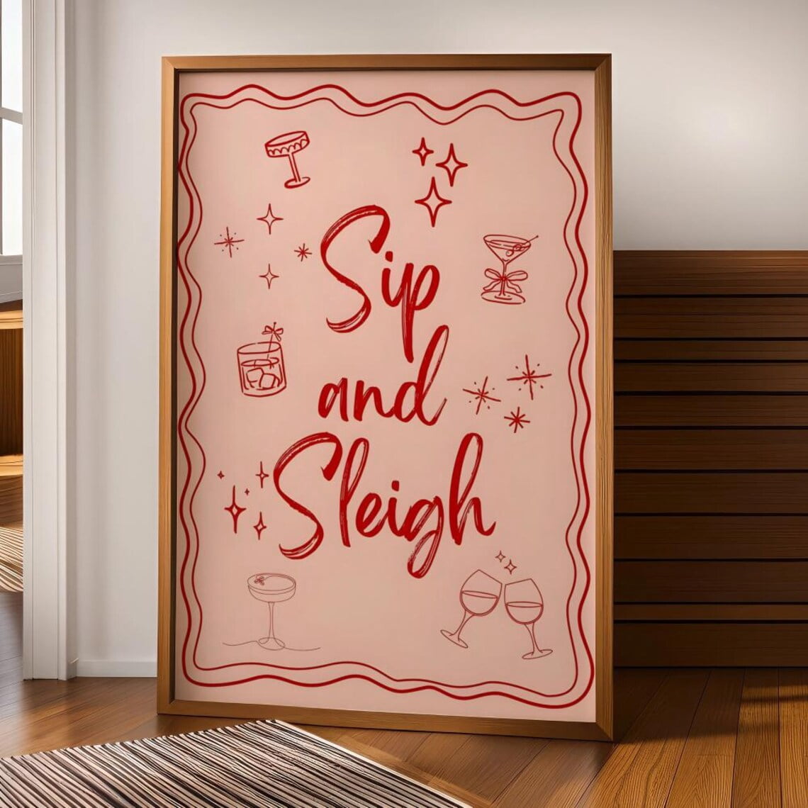 Sip And Sleigh Cocktail Art Poster Bar Decor Poster, Unframed Poster ...