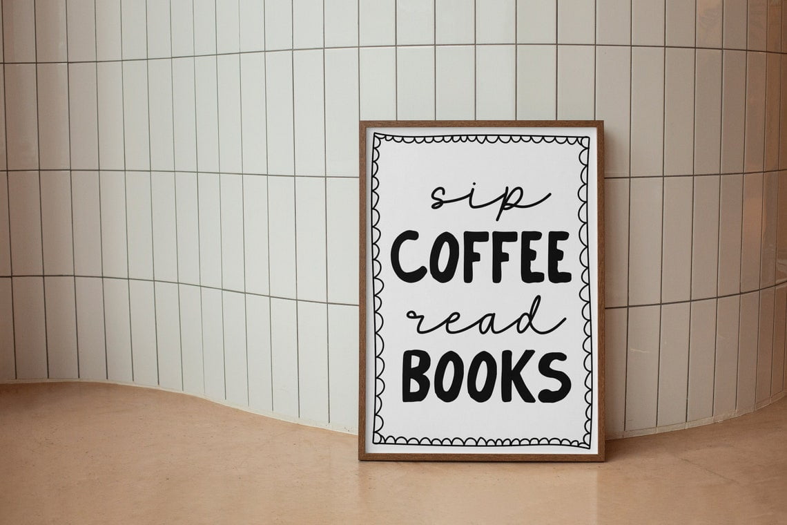 Sip Coffee Read Books Poster, Retro Neutral Reader Poster, Book Lover ...