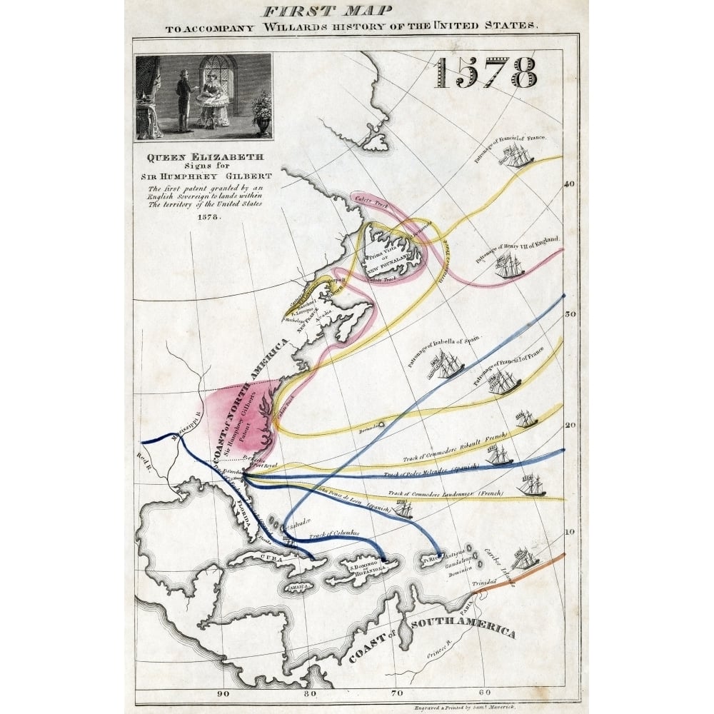 Sir Humphrey Gilbert N(C1539-1583). English Navigator And Soldier. Map Showing Queen Elizabeth'S ...