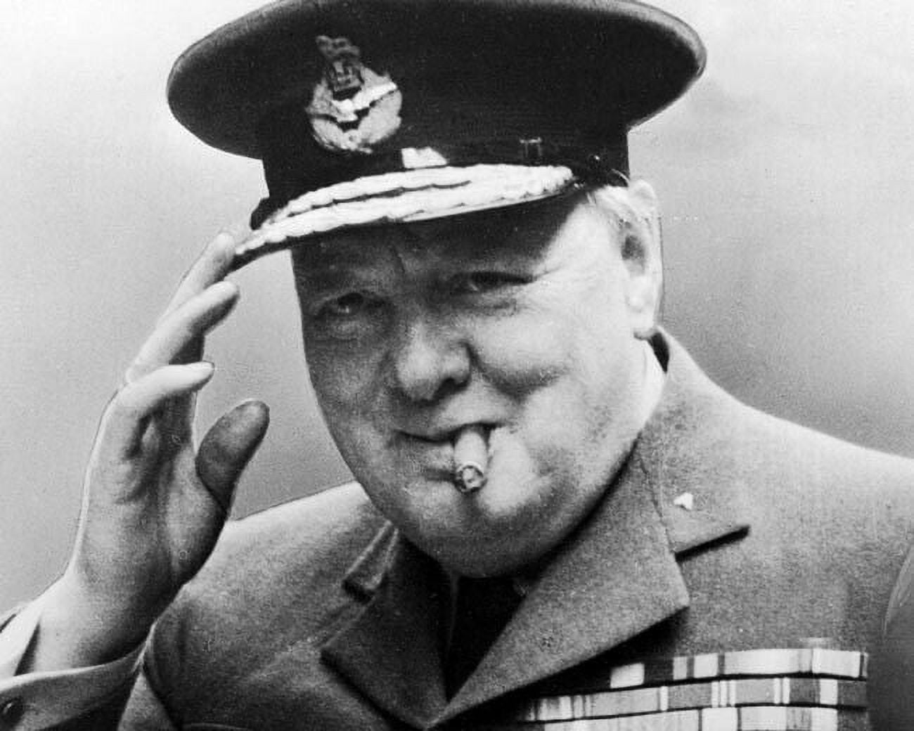 Sir Winston Churchill iconic pose cigar in mouth saluting to camera ...