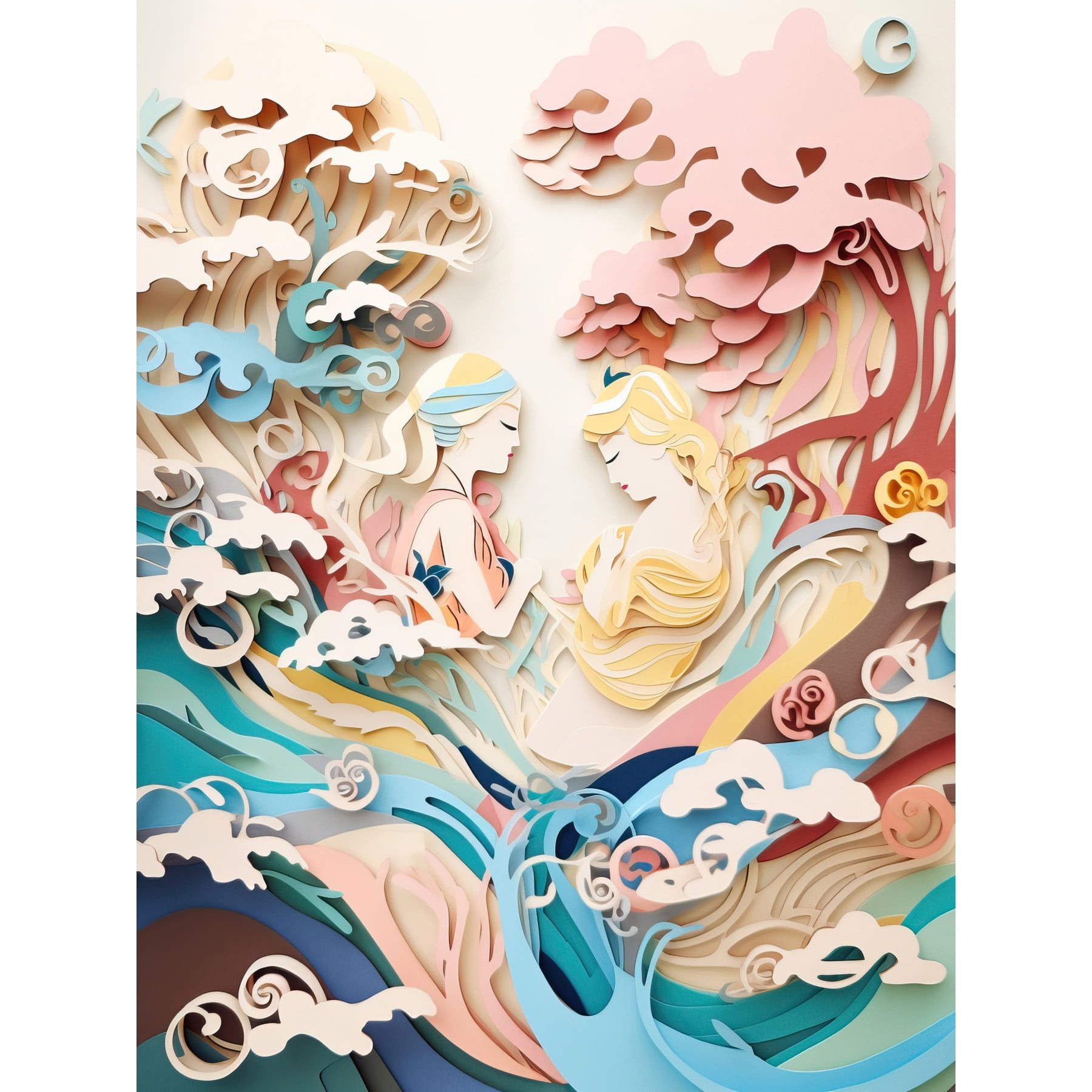 Sirens in Sea Waves Pastel Colour Paper Kirigami Extra Large XL Wall ...