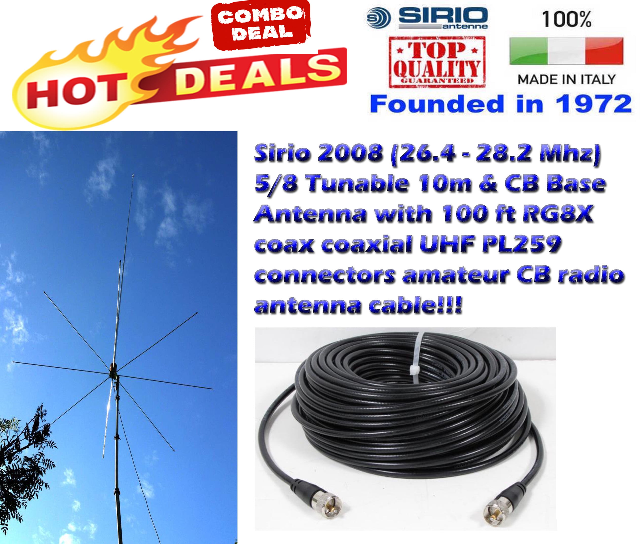 Sirio 2008 (26.4 - 28.2 Mhz) 5/8 Tunable 10m & CB Base Antenna with 100Ft Coax - Walmart.com