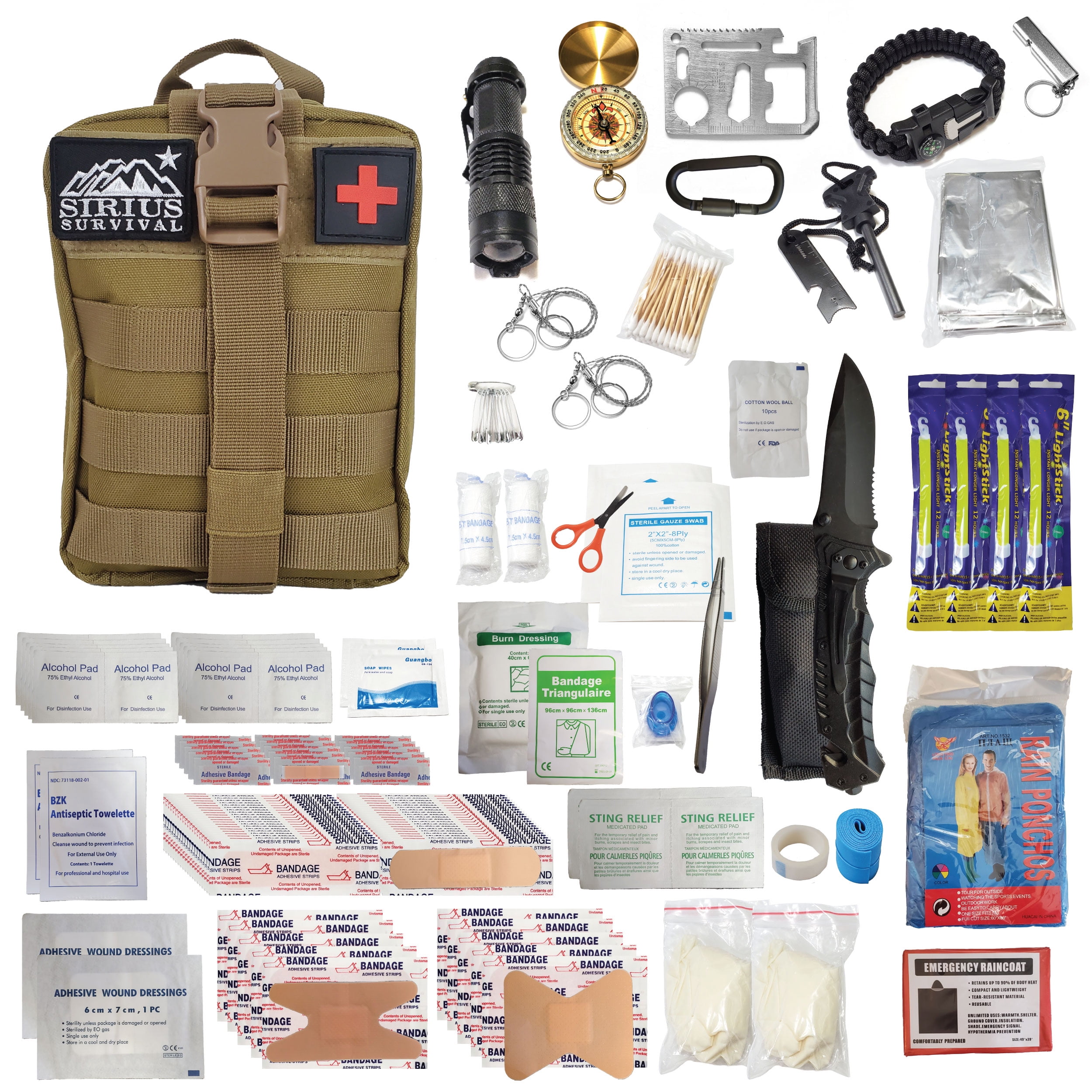 Sirius Premium 250 Piece Survival Kit & First Aid Kit - Outdoor Emergency Gear & Trauma Bag for ...