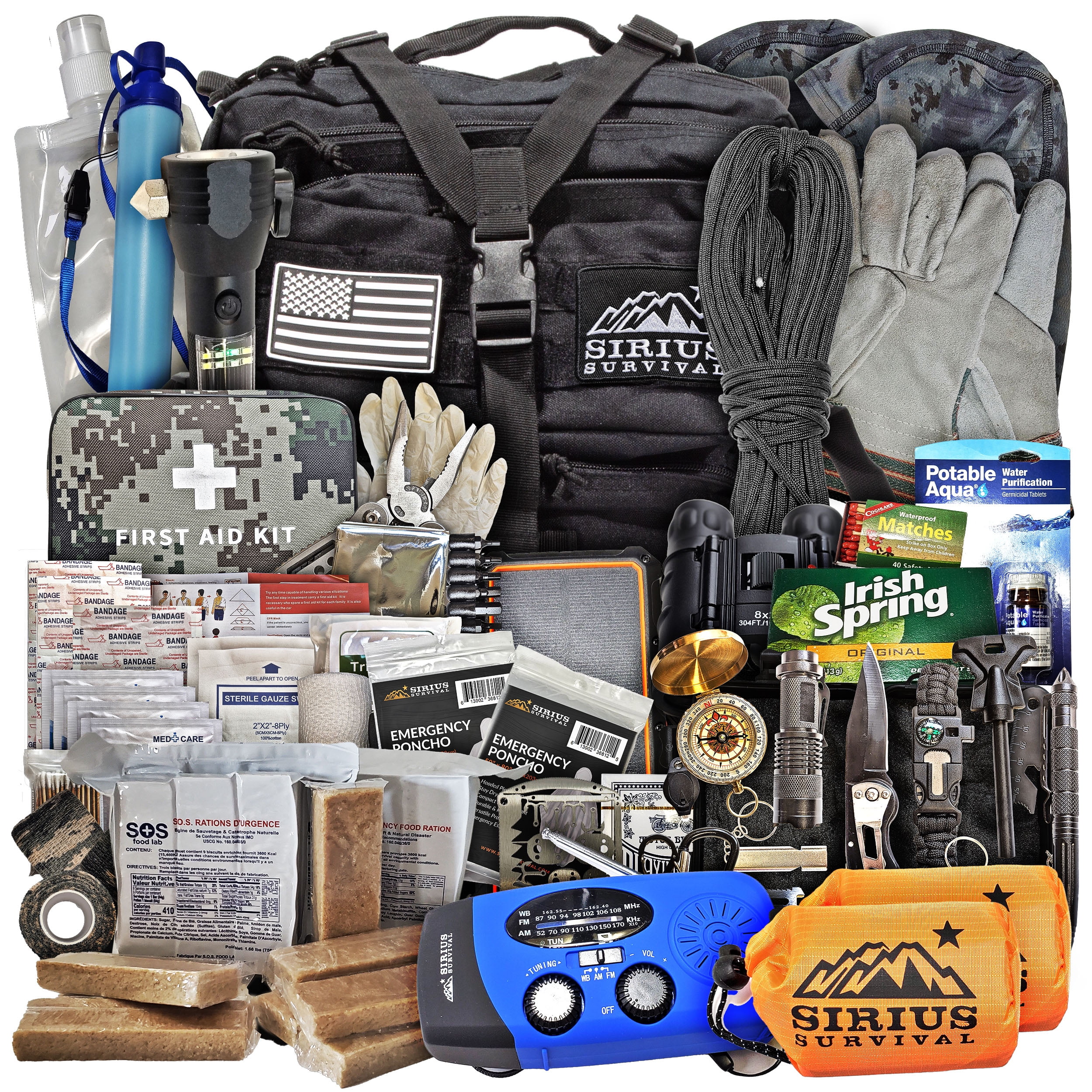 Sirius Survival Pre-Packed Emergency Survival Kit/Bug Out Bag for 2 - Over 150 Pieces, Black ...