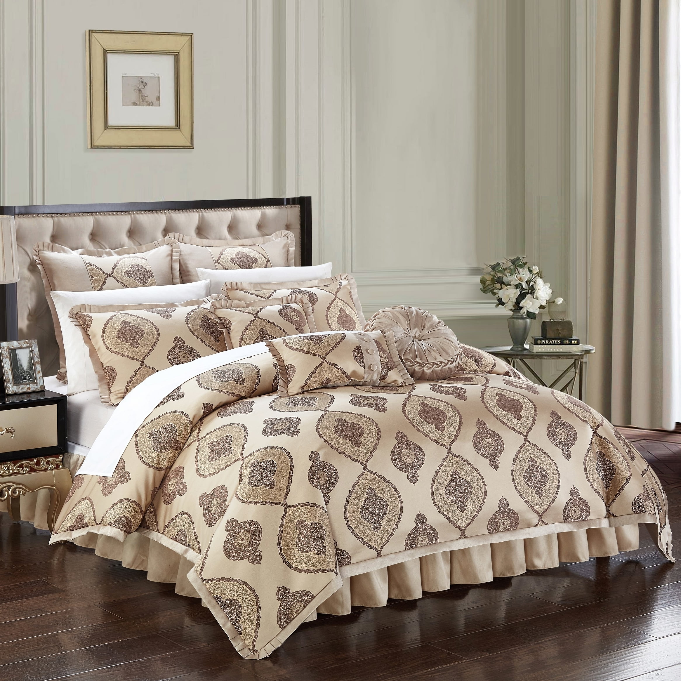 Sisa 9 Piece Comforter Set Jacquard Scroll Faux Silk Bedding with ...