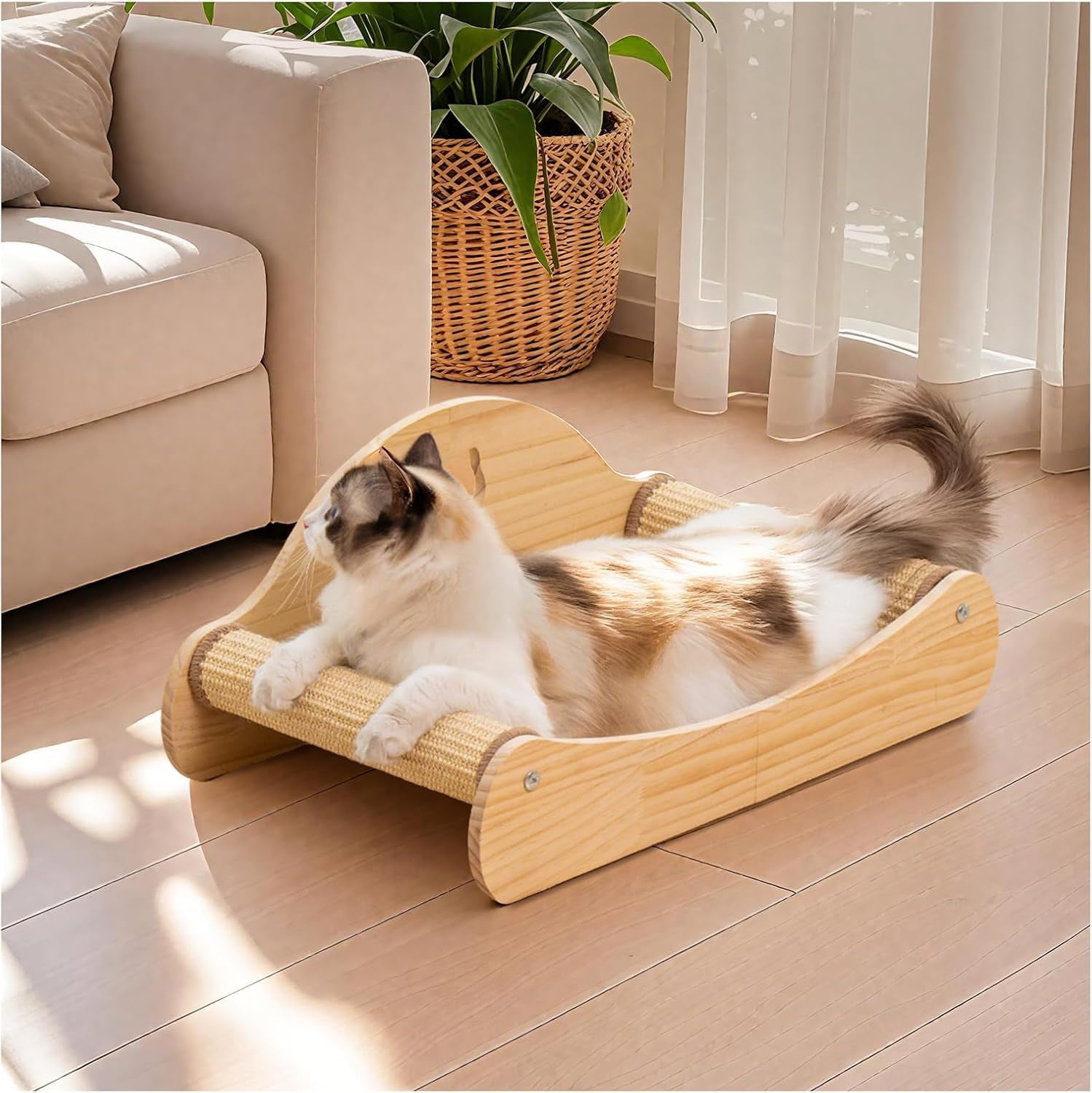 Sisal Cat Scratcher Bed, Natural Solid Wood Scratch Lounger, No Mess ...