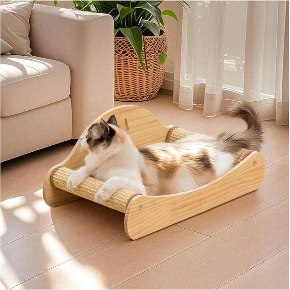 Sisal Cat Scratcher Bed, Natural Solid Wood Scratch Lounger, No Mess ...