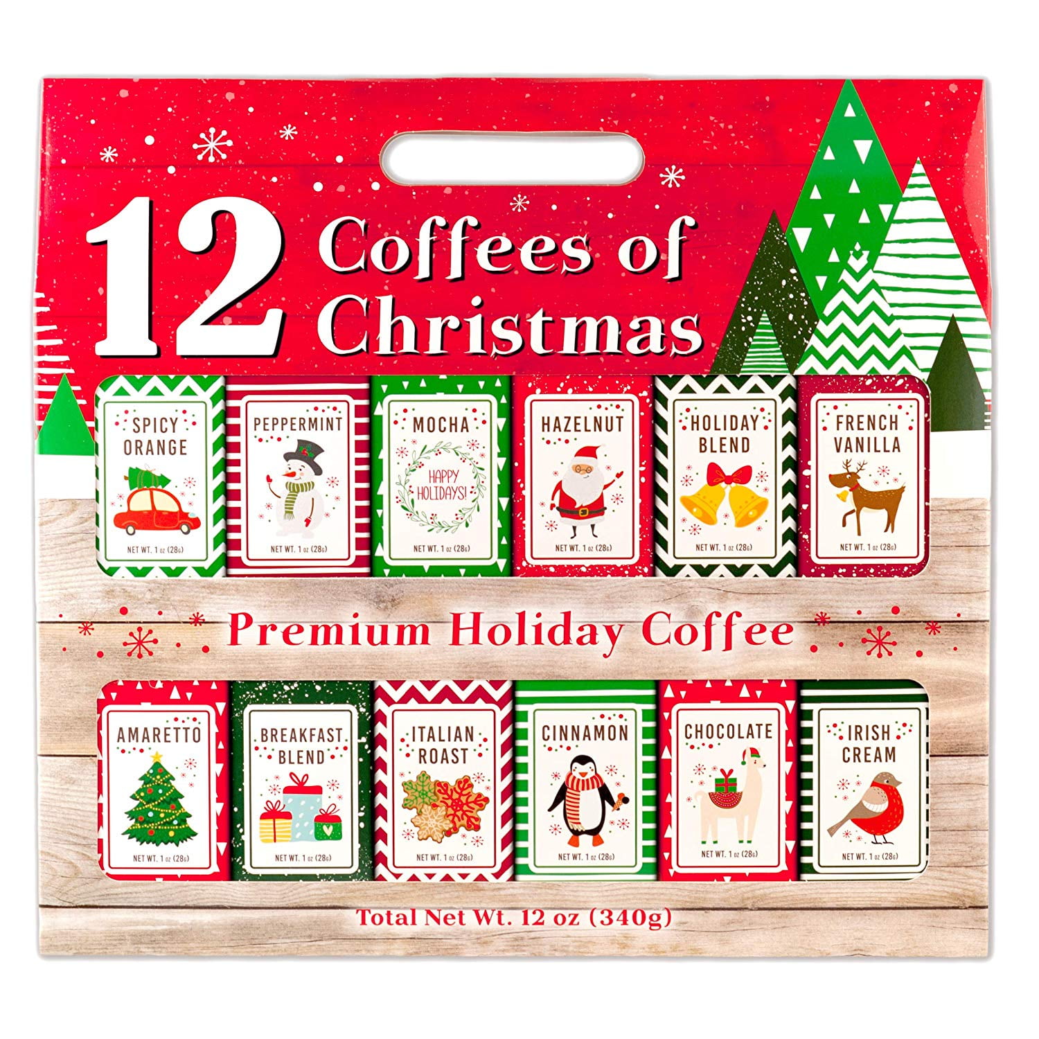 12 Gourmet Coffees of Christmas Holiday Gift Set - Sampler Basket ...
