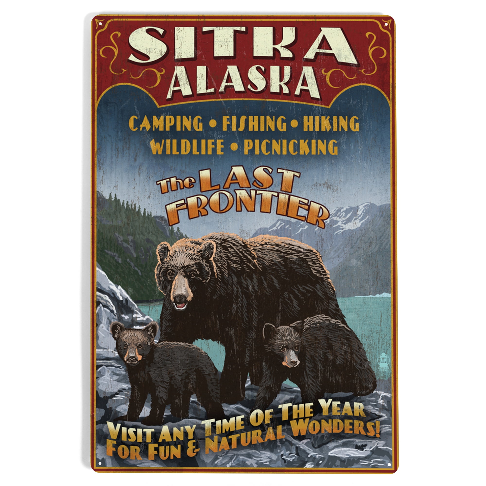 Sitka, Alaska, Black Bear Family Vintage Sign (12x18 Aluminum Art ...