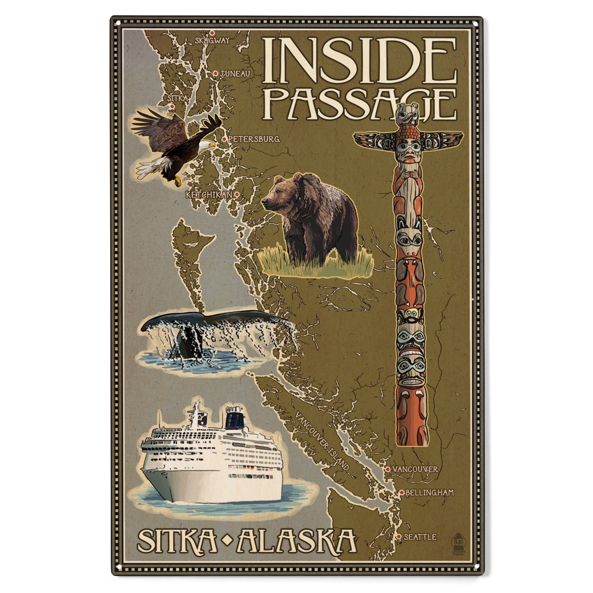 Sitka, Alaska, Inside Passage Map Birch Wood Wall Sign (10x15 Rustic ...
