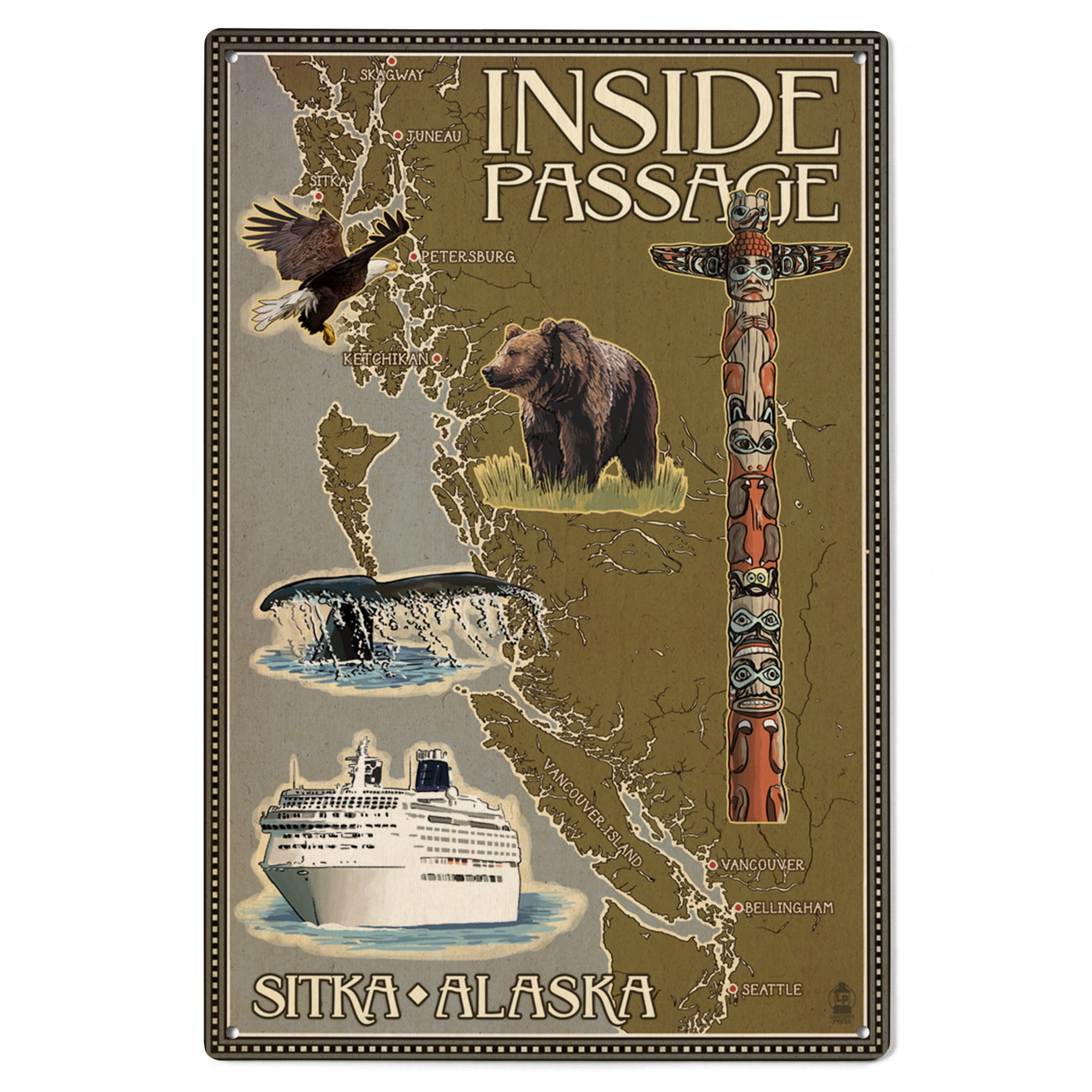 Sitka, Alaska, Inside Passage Map Birch Wood Wall Sign (6x9 Rustic Home ...