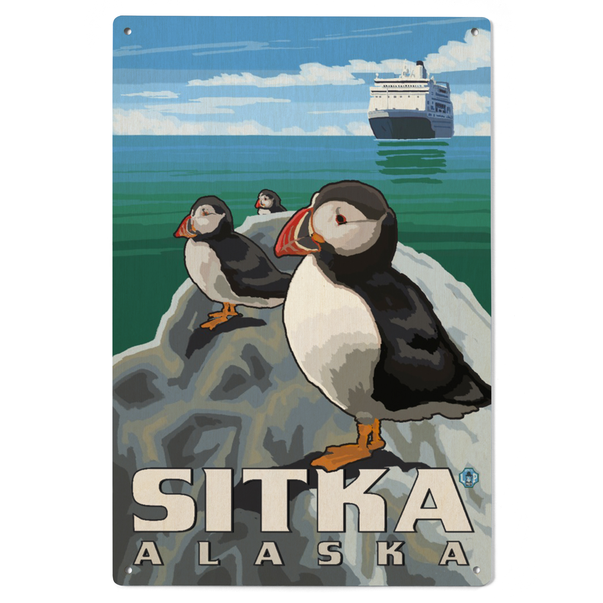 Sitka, Alaska, Puffins and Cruise Ship Birch Wood Wall Sign (6x9 Rustic ...