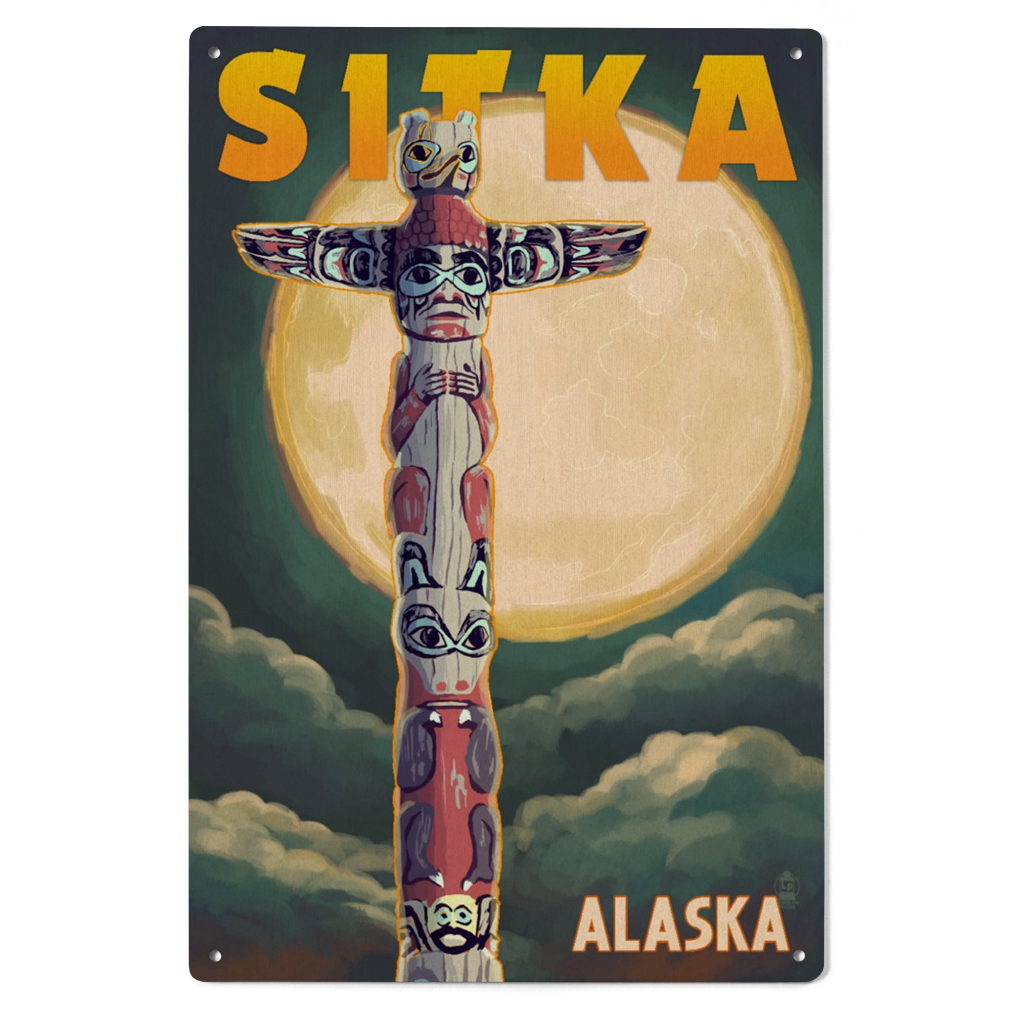 Sitka, Alaska, Totem Pole and Full Moon Birch Wood Wall Sign (6x9 ...