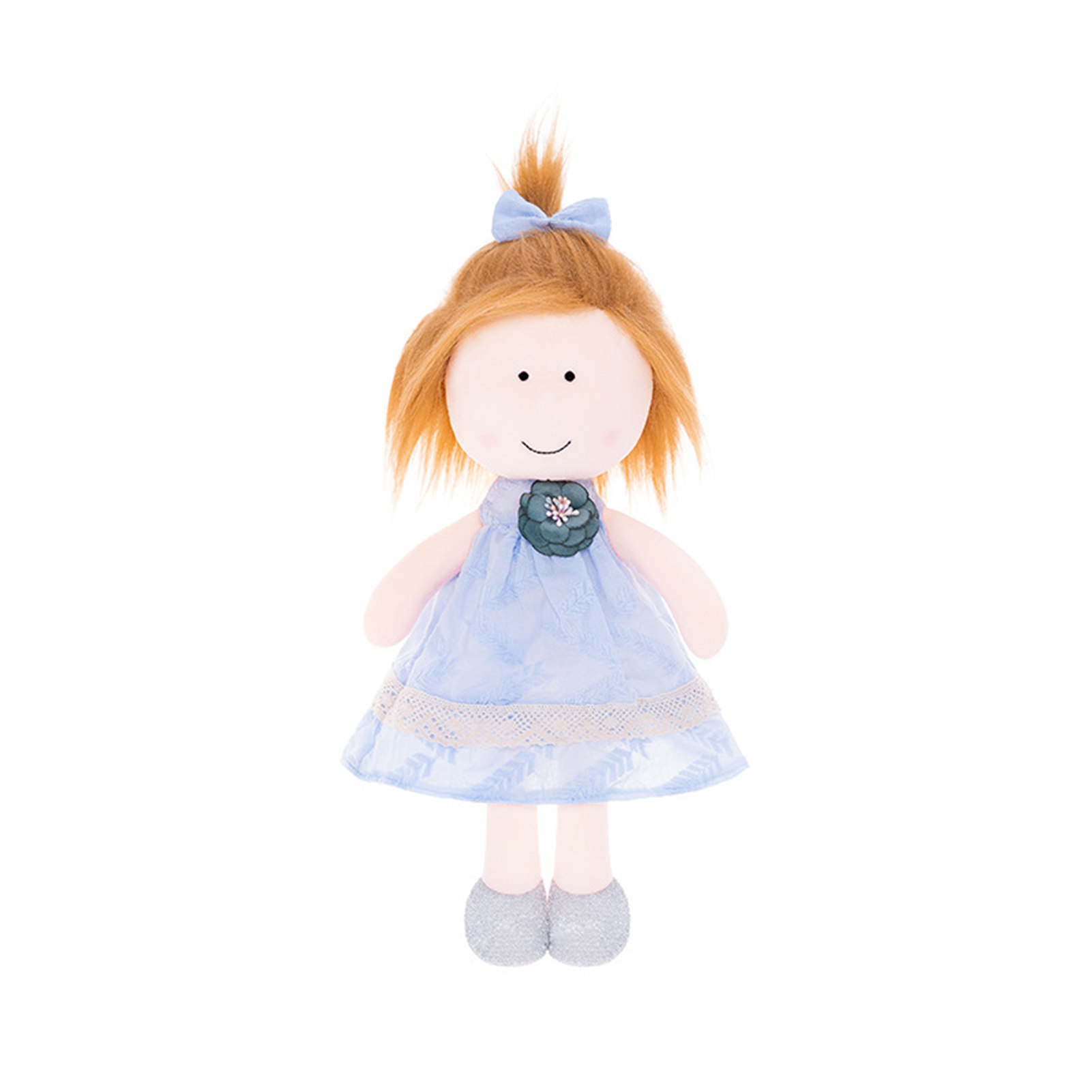Sitting Girls Plush Doll with Dress Short Hairs Flower Headband Bowknot ...