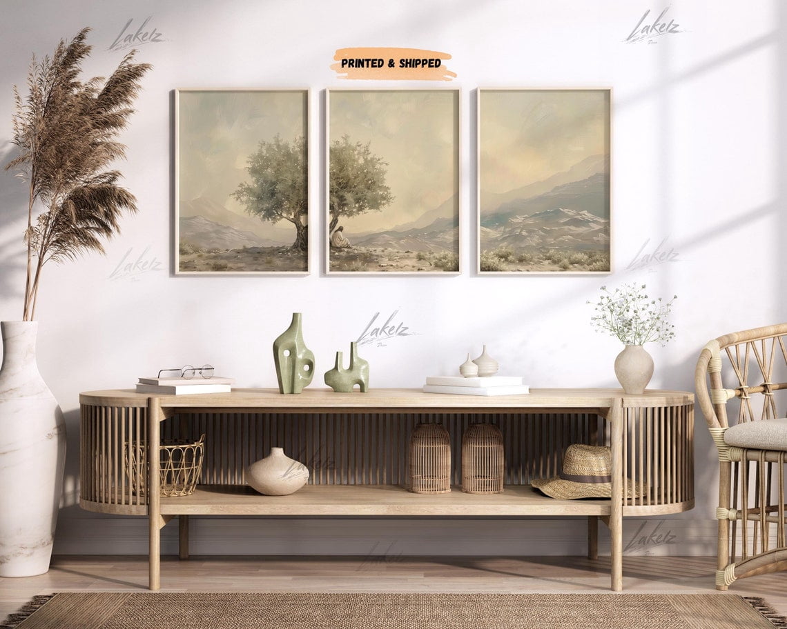 Sitting Under Olive Tree Sketch Beige Set 3 Stretched Canvas 16x24 ...