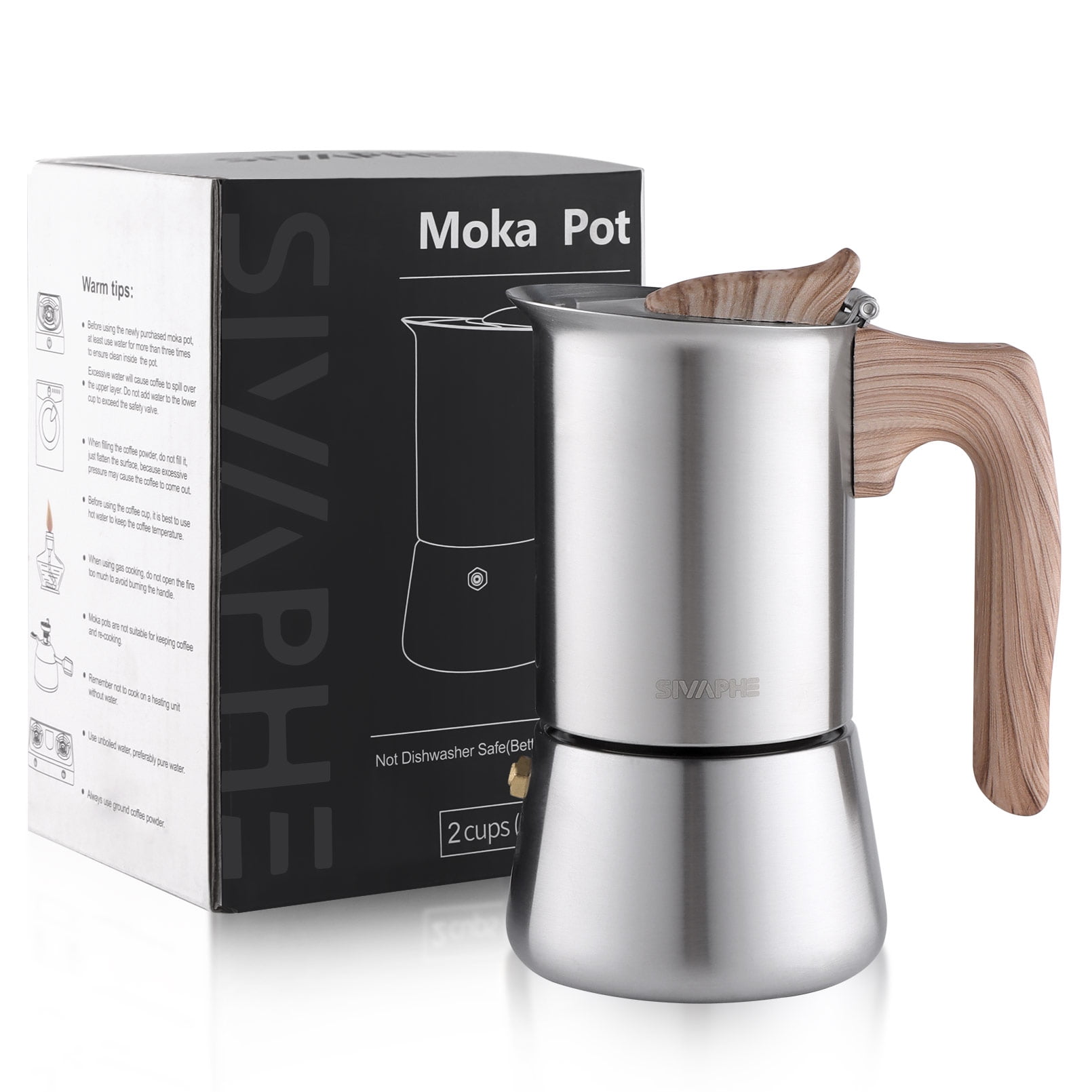 Sivaphe Stovetop Espresso Maker Stainless-Steel 3.5 oz, 2 Cup Coffee Maker Induction Moka Pot ...