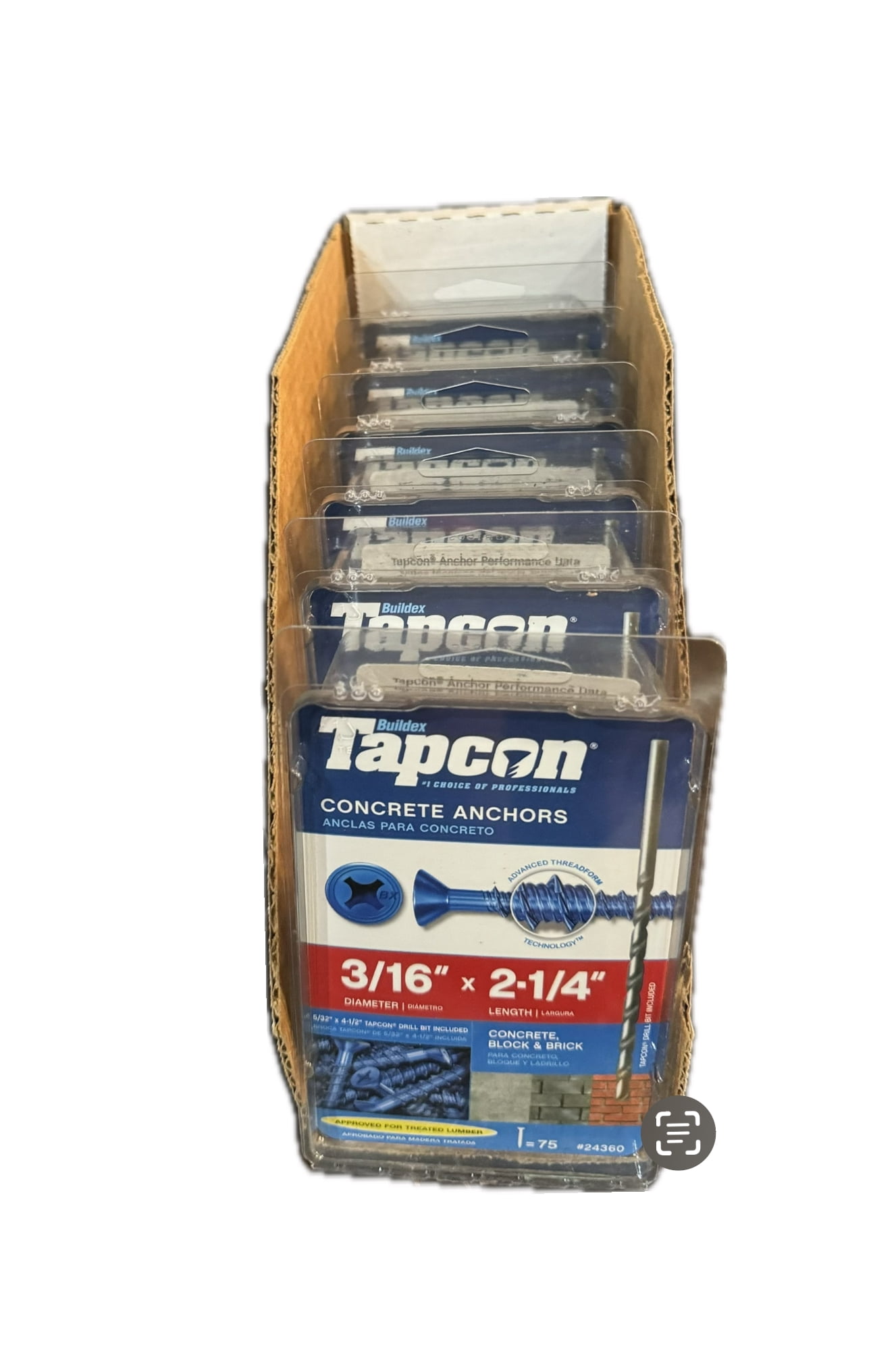 Six (6) ITW BRANDS Tapcon 3/16 x 2-1/4-Inch Concrete Anchors with Phillips Flat Head 24360, 75 ...