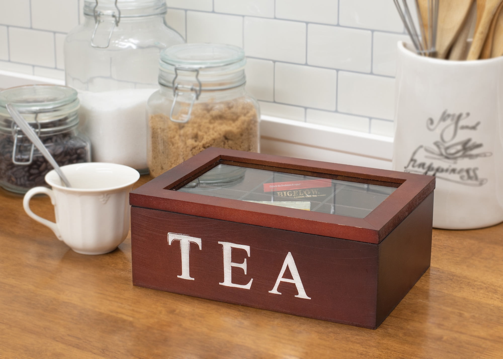 Six Compartment Natural Brown 9 x 6 MDF Wood and Glass Tea Storage ...