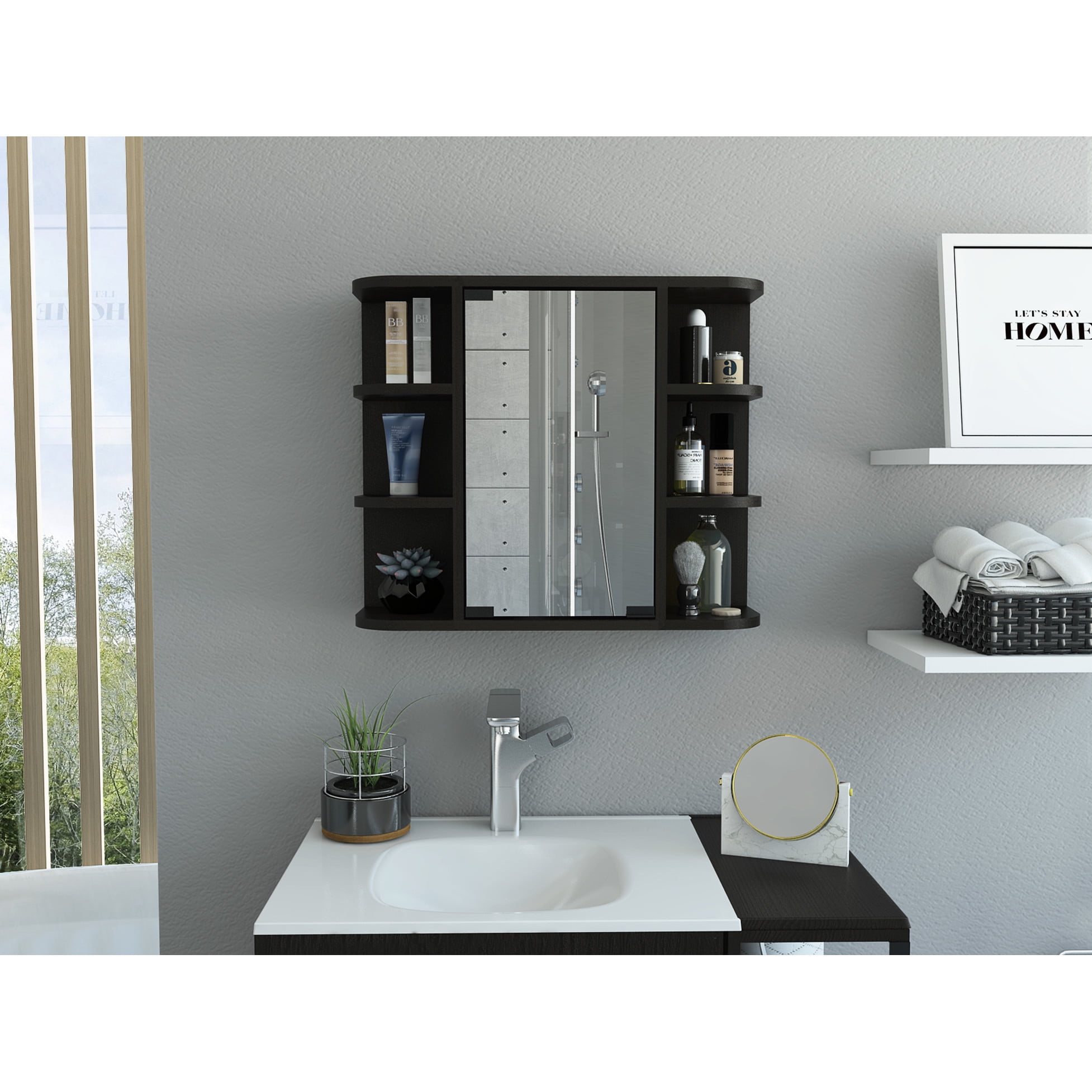 Six External Shelves Mirror Center Console Medicine Cabinet In Black ...