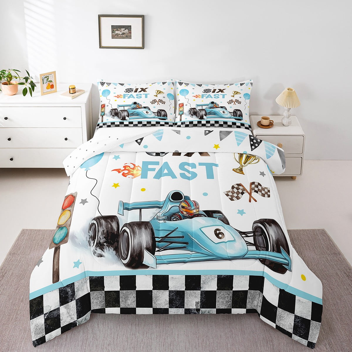 Six Fast Birthday Decor Comforter Set Happy 6Th Birthday Decorations Bedding For Boys Blue Race ...