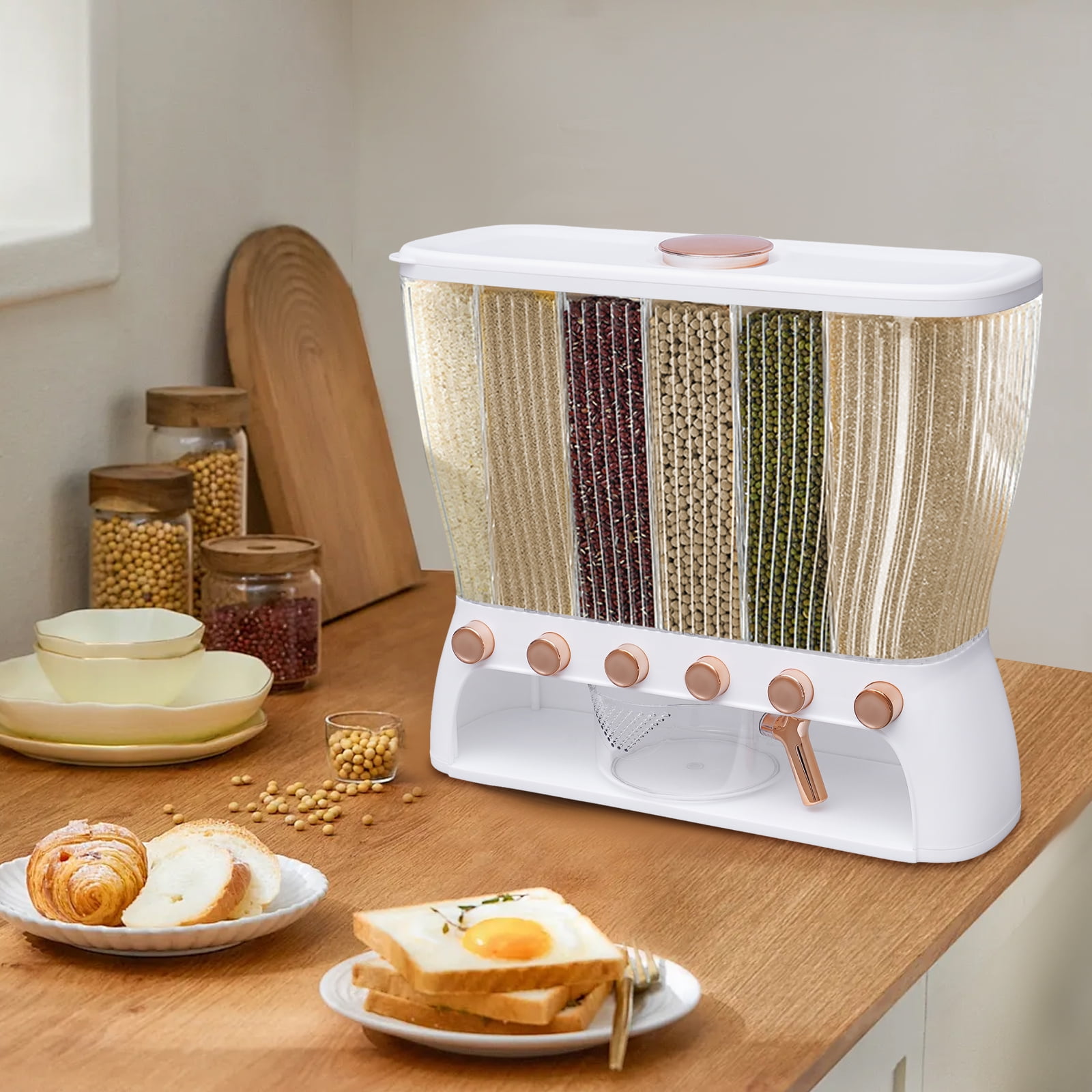 Six-Grid Dry Food Dispenser with Press Button, Airtight Storage ...