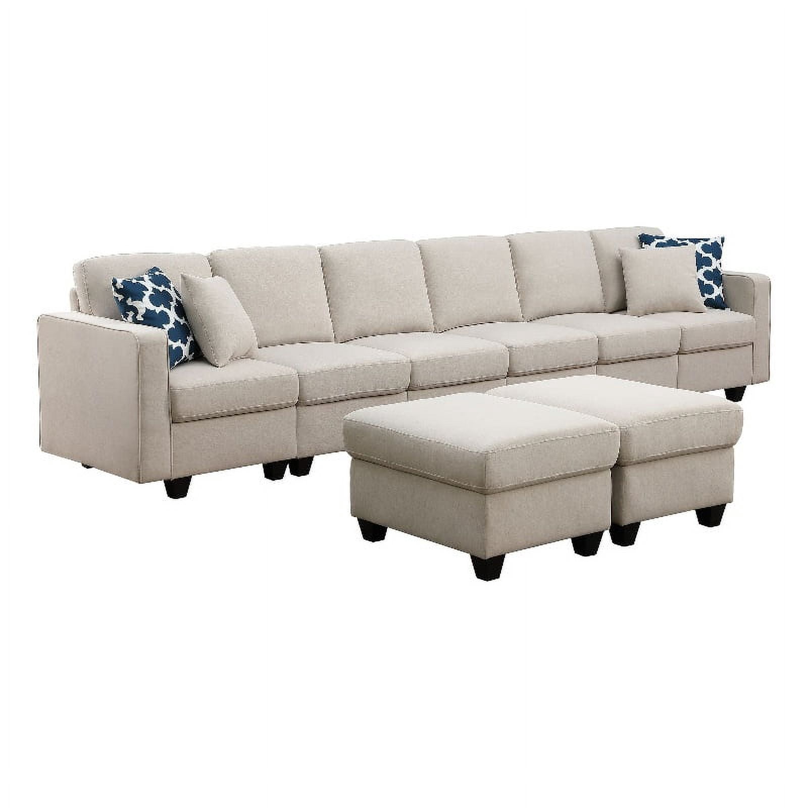 Six Seat Fabric Linen Blend Reversible Modular Sofa With Two Ottoman ...