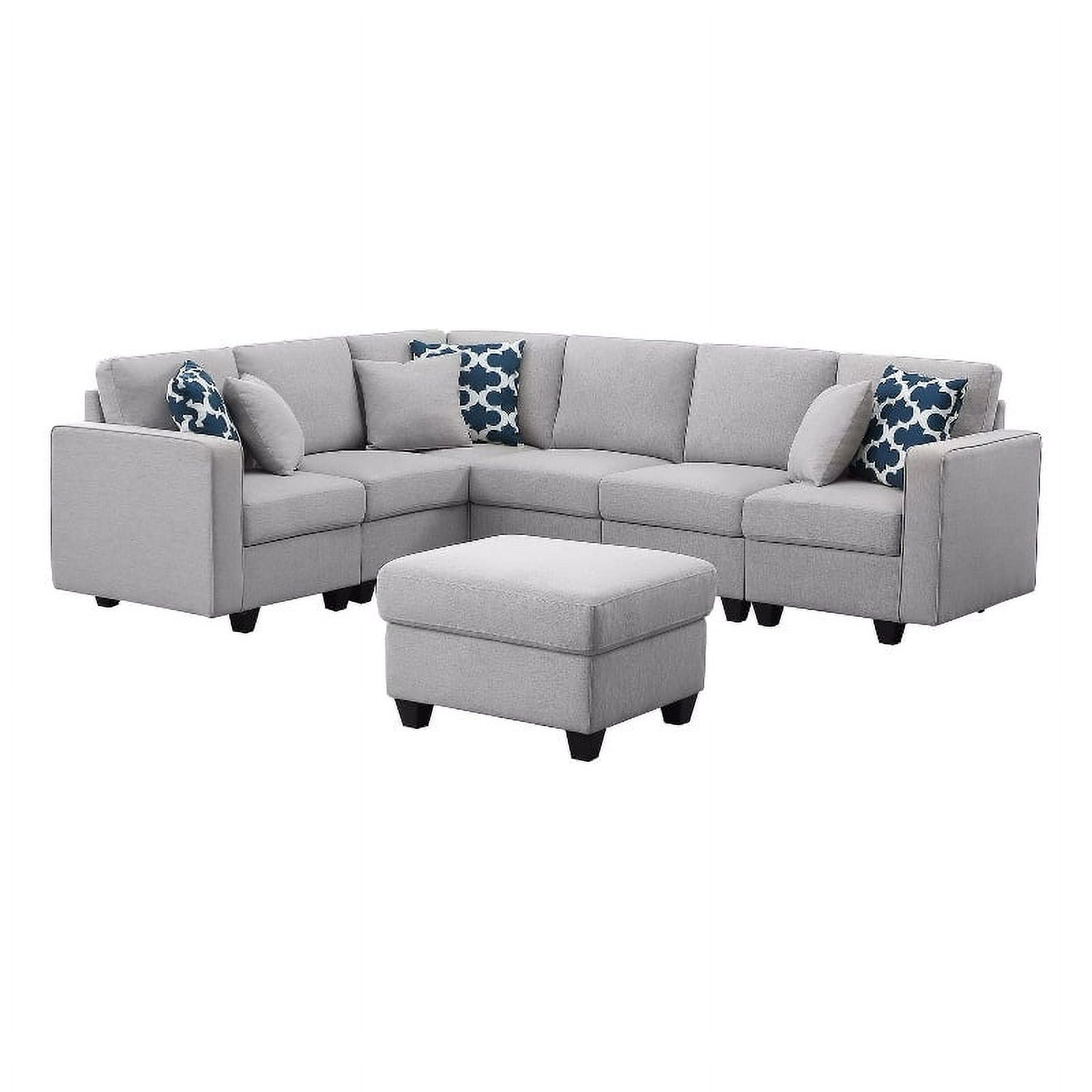 Six Seat Fabric Reversible Modular Sectional Sofa with Ottoman-Light ...