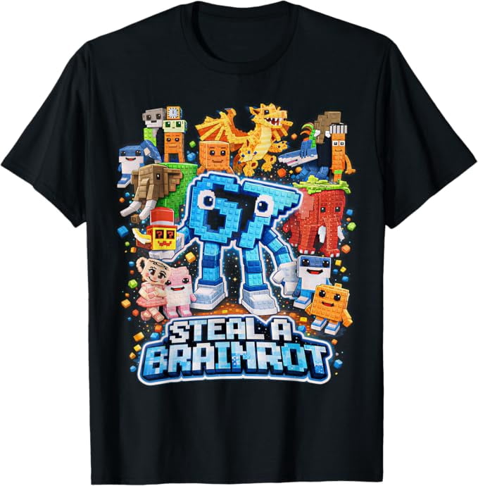 Six Seven 67 Steal a Brainrot Meme T-Shirt with Colorful Pixelated ...