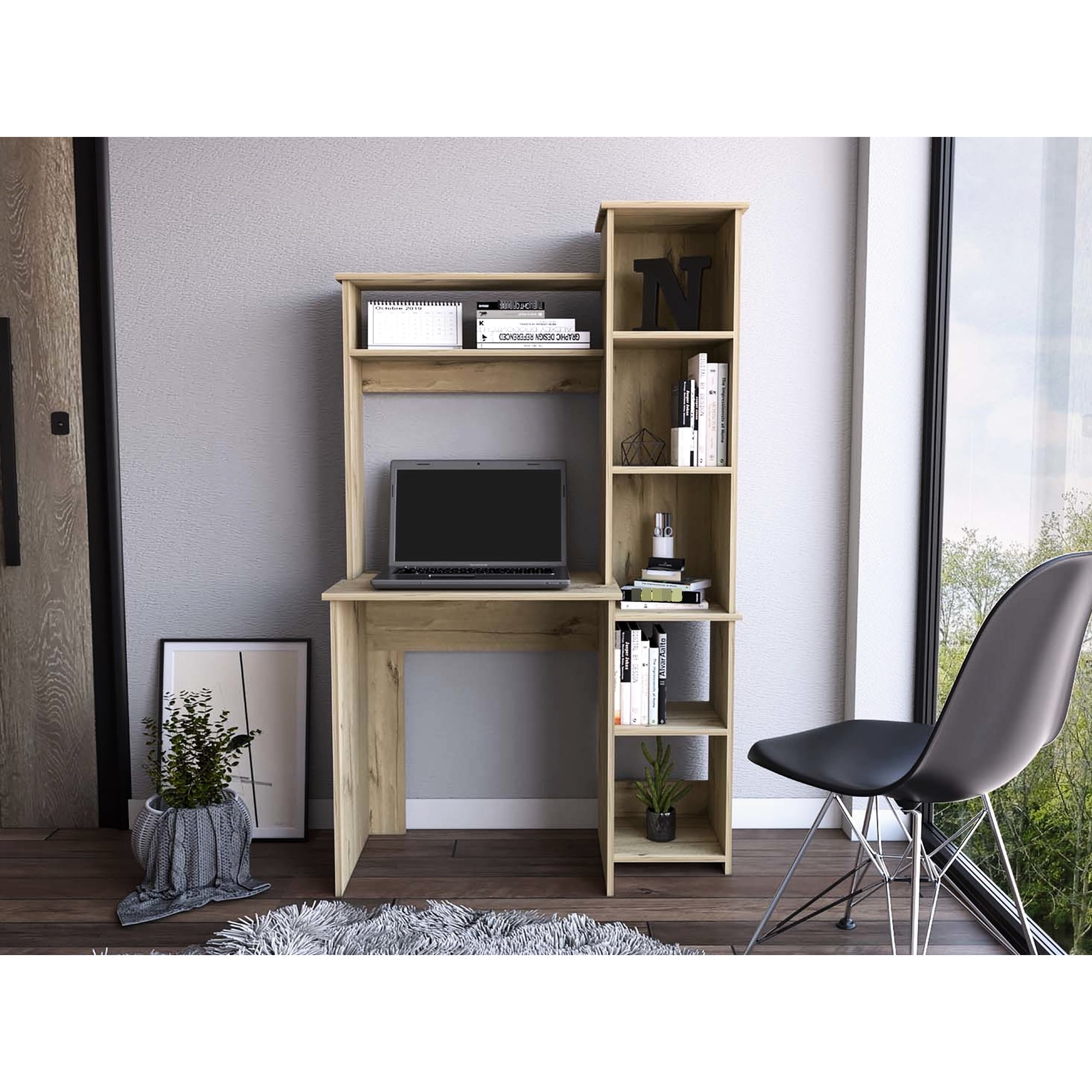 Six Shelves Computer Desk In Beige - Modern Office Furniture For Use ...