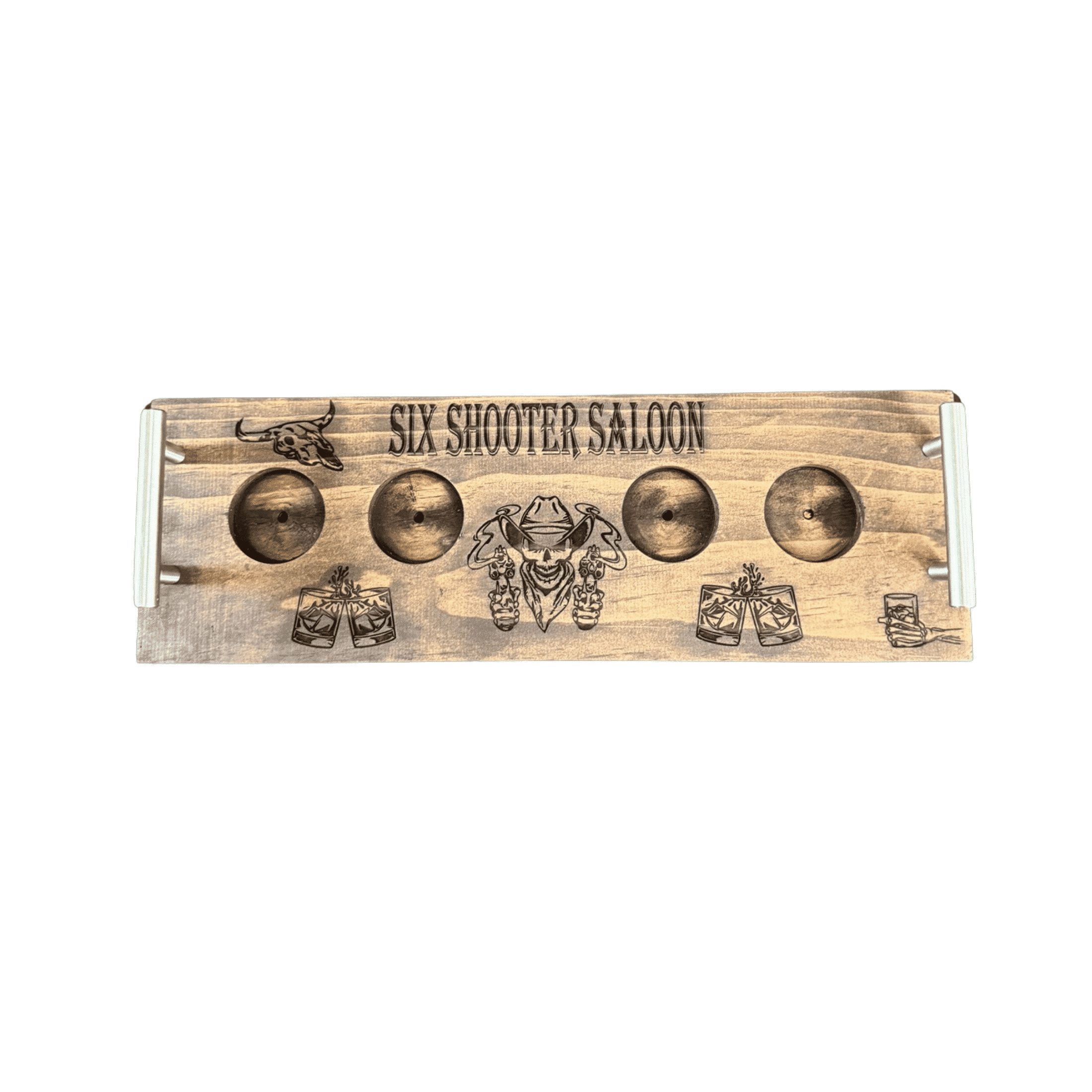Six Shooter Saloon Bourbon Tasting Board, Pine Wood with Steel Rails, 16x5.5 inches, 4 Glass ...