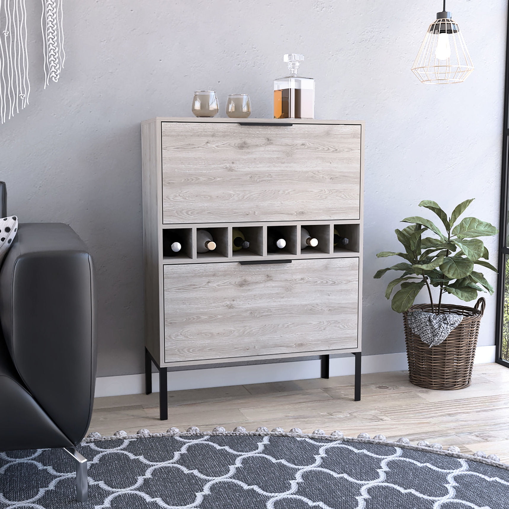 Six Wine Cubbies Double Door Bar Furniture / Light Gray Finish for ...