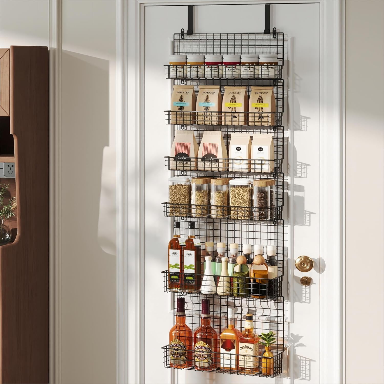 Six-layer spice rack organizer with door hooks for kitchen pantry door ...