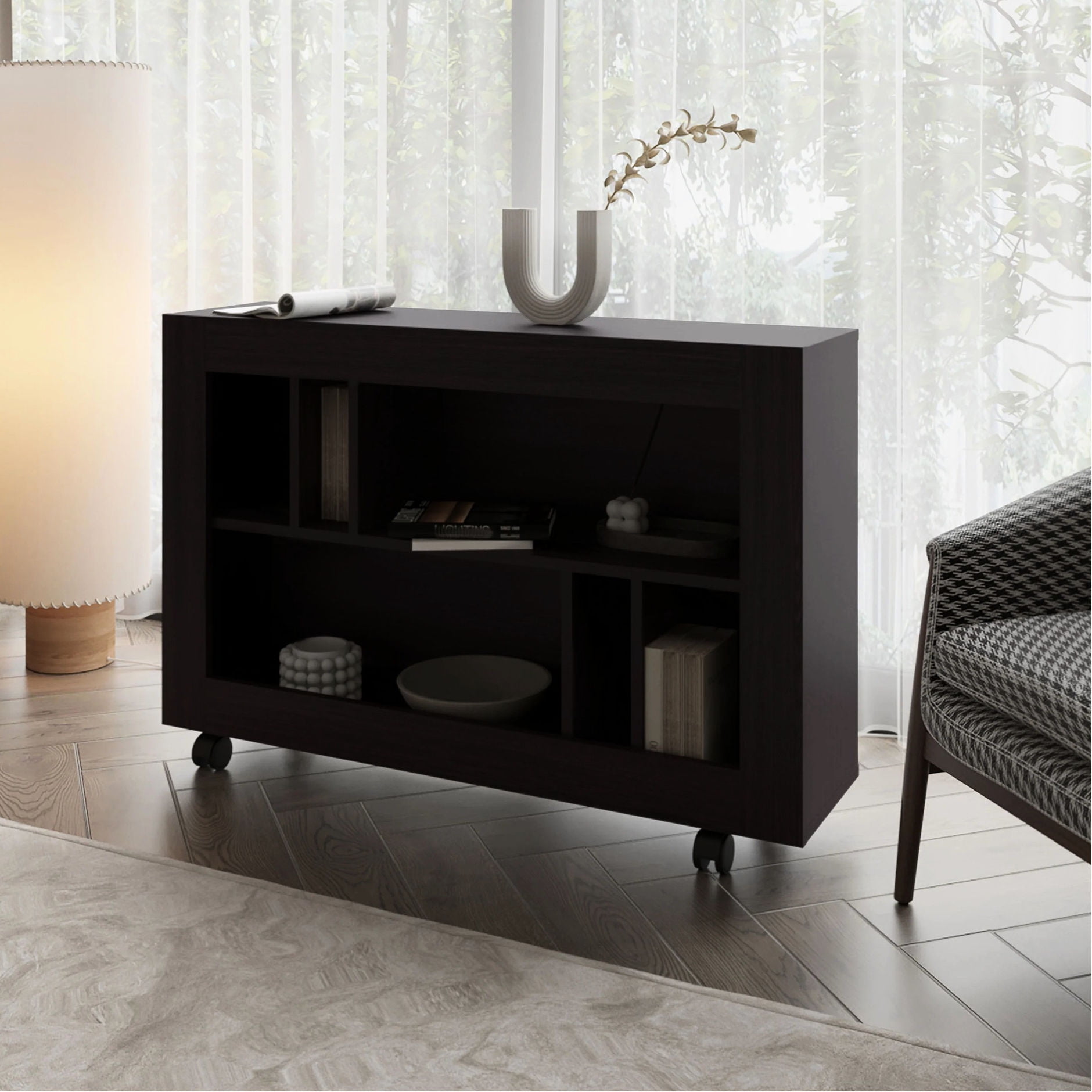 Six - shelf console table in wengue finish with open storage for ...