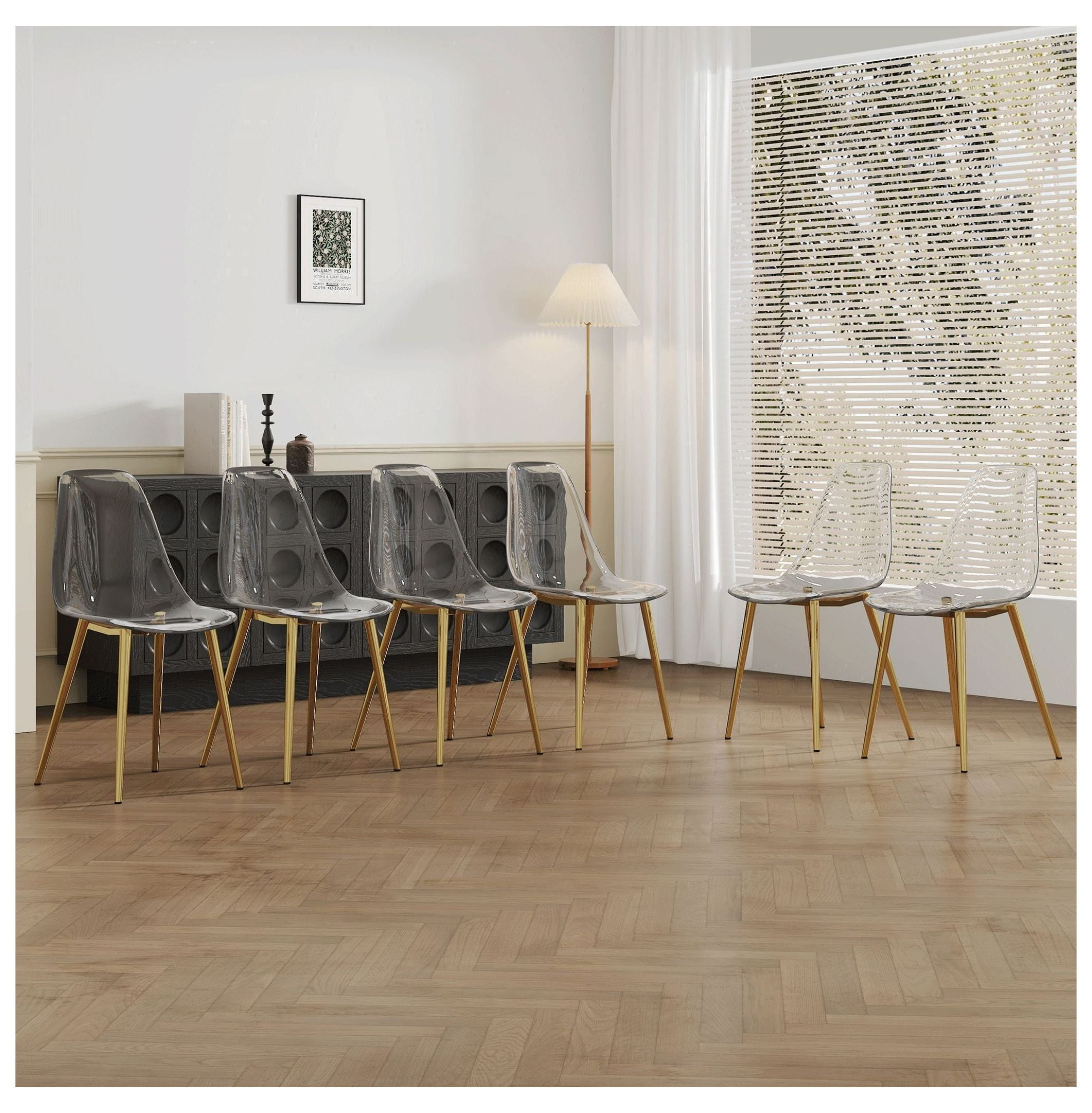 Six transparent plastic dining chairs: stylish design, golden metal ...