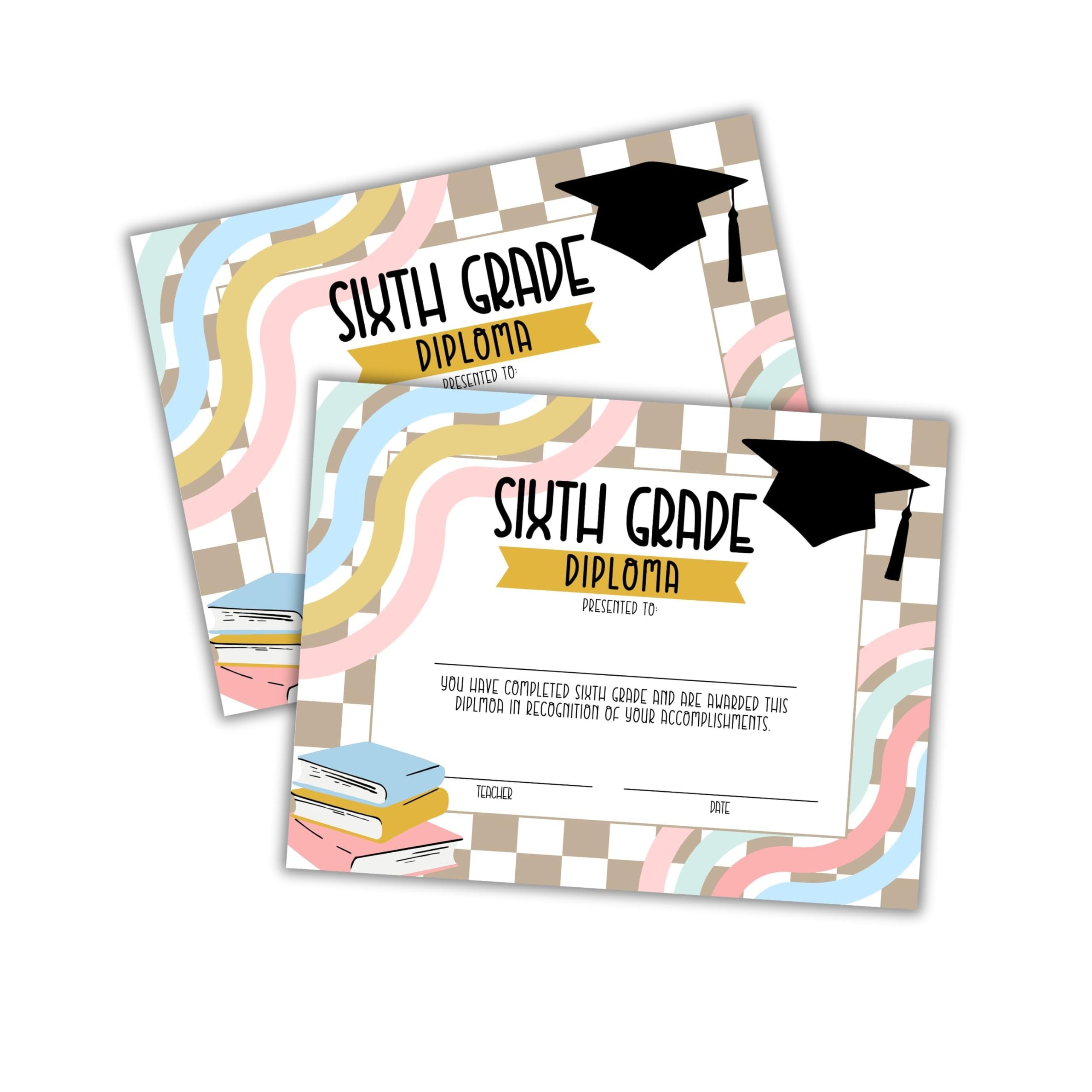 Sixth Grade Diploma Graduation Certificate 30pk 8.5x11 Tan Checkered ...