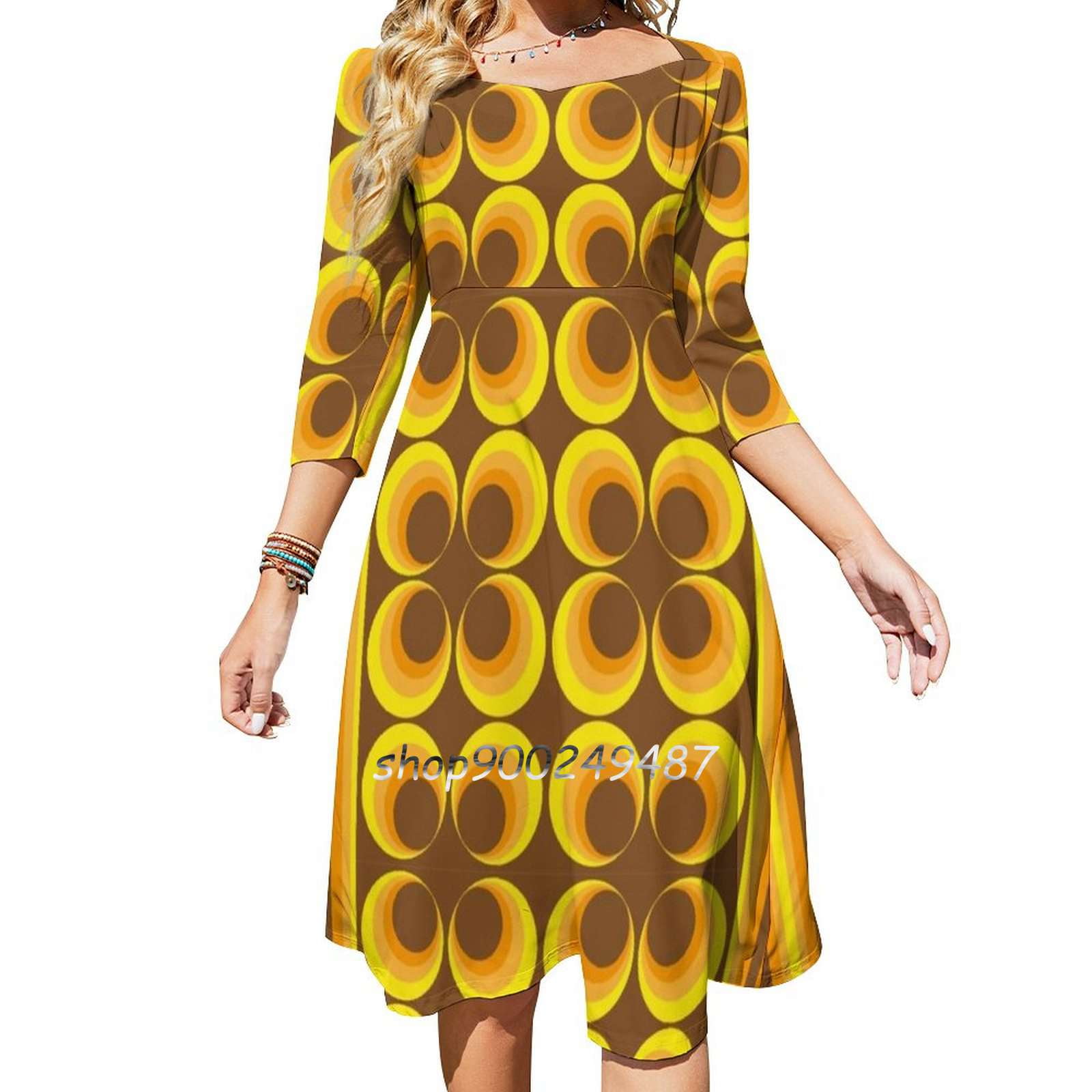 Sixties Pattern Sweetheart Knot Flared Dress Fashion Design Large Size ...