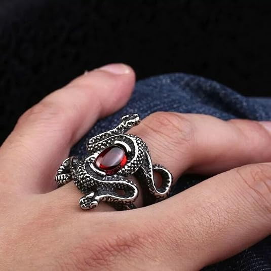 Size 13 Silver Serpent Ring Red Eye Gem Stainless Steel Coiled Snake ...