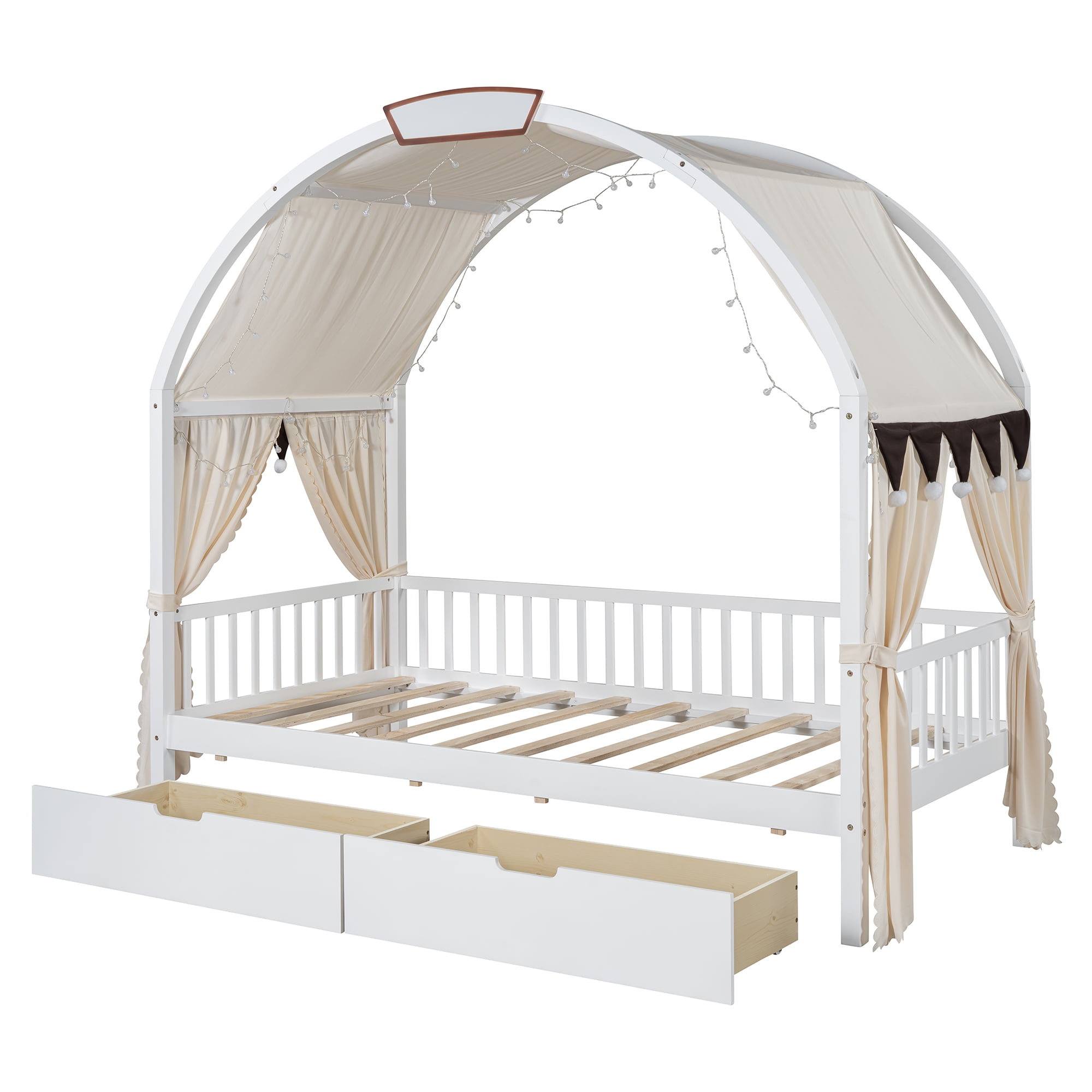 Size Bed With Arched RoofBed Frame With 2 Drawers Guardrail Light Strip ...
