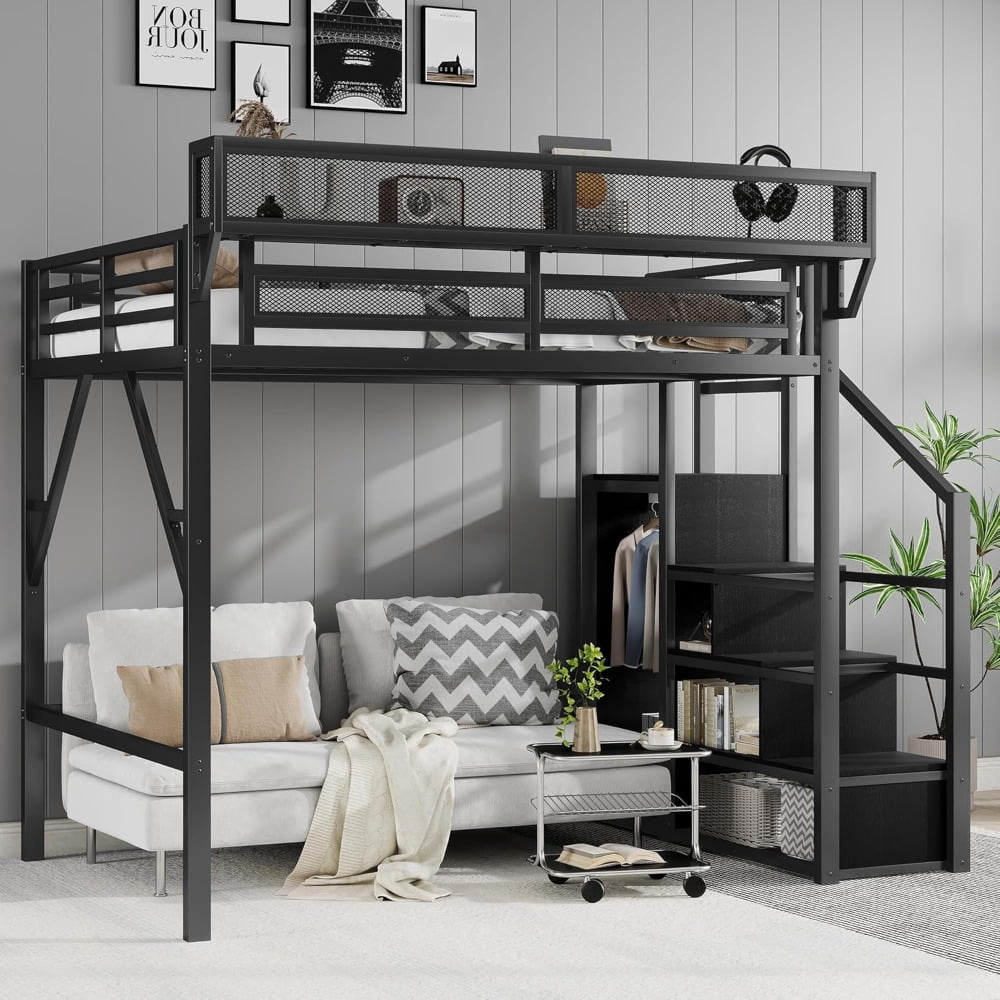 Size Loft Bed with Stairs and Storage, Metal Loft Bed Frame with ...