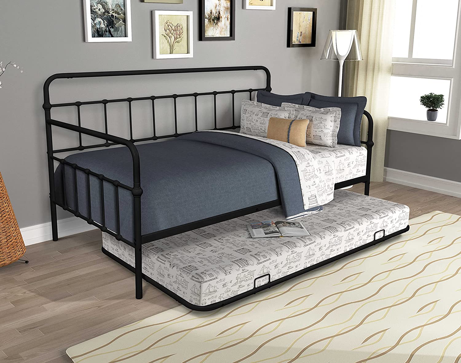 Size Metal Frame Daybed with Trundle Heavy Duty Steel Slat Support ...