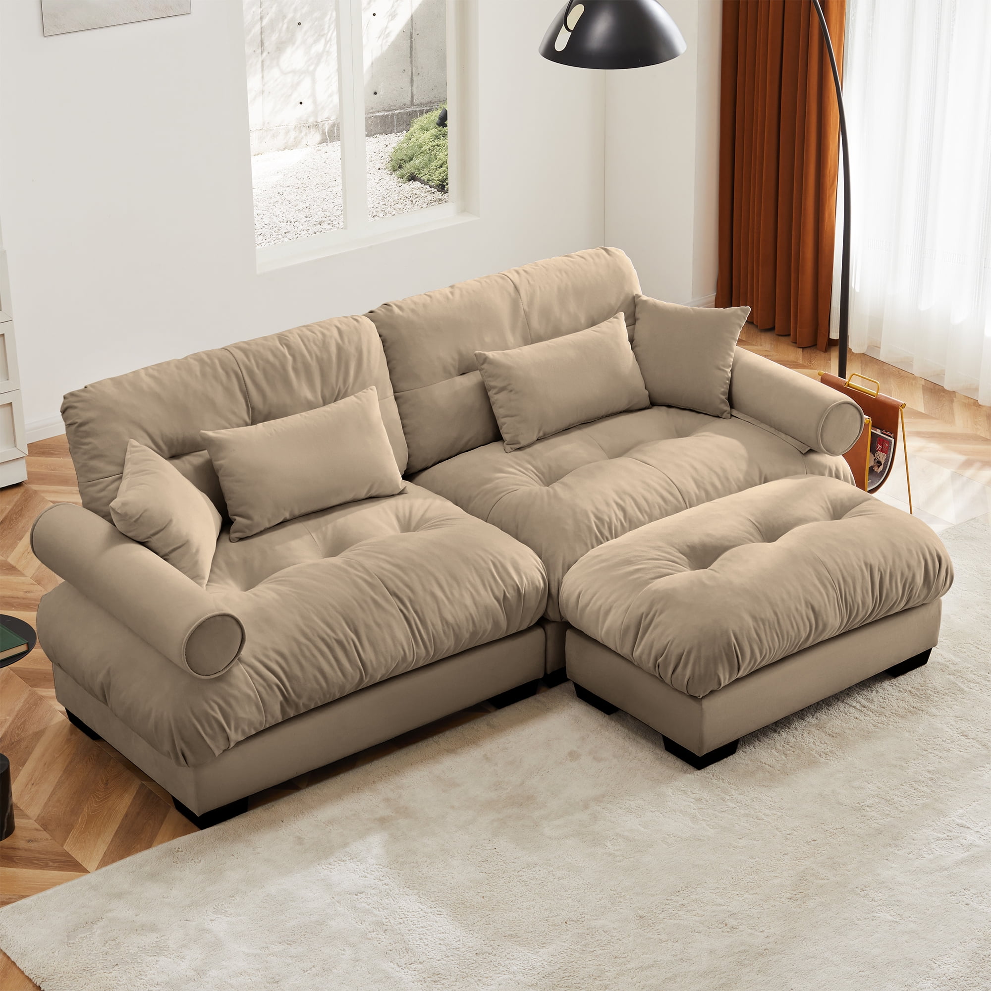 Over-Sized Modern Camel Velvet Two-Seater Sofa w/ Ottoman & Bolster ...