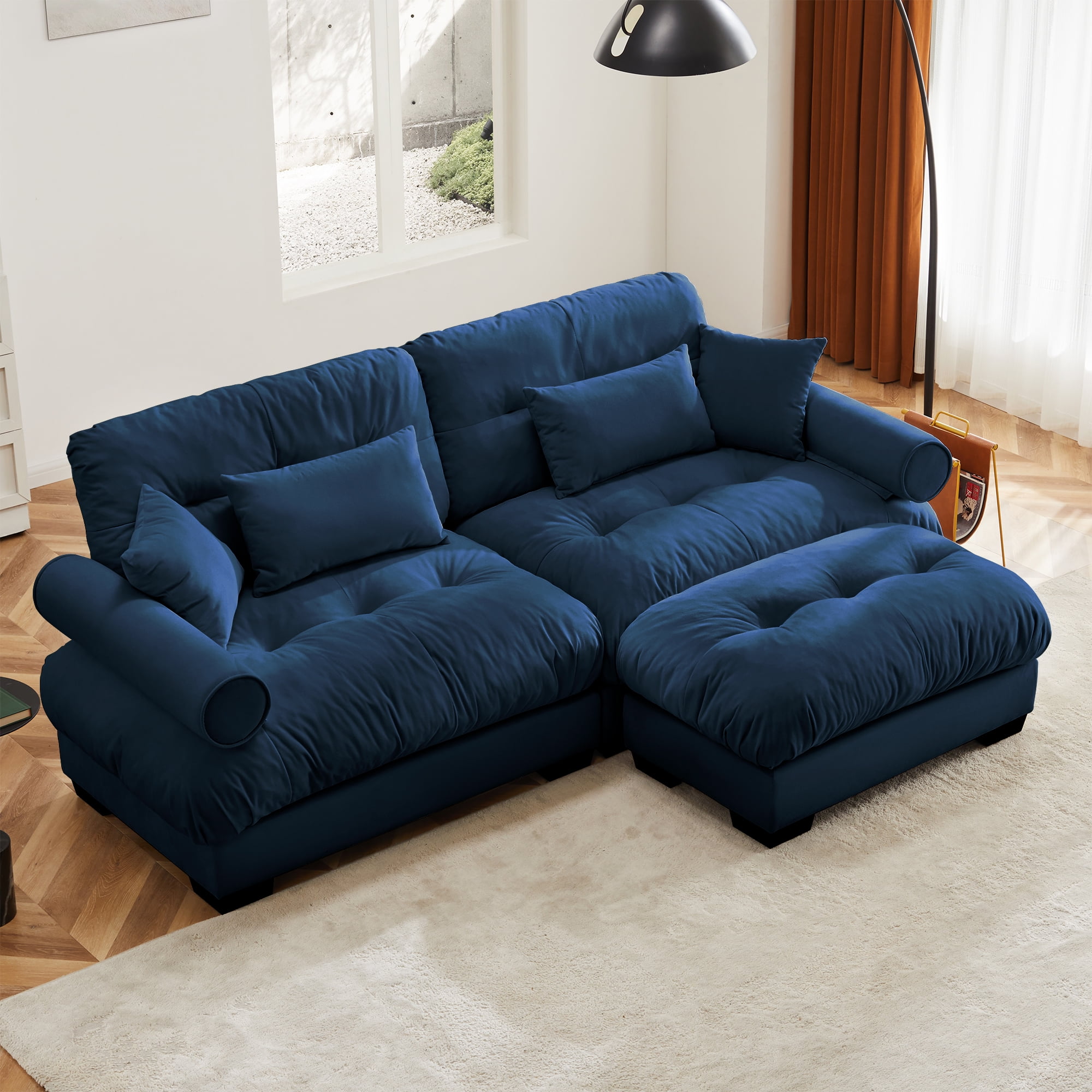 Over Size Modern Two-seater Sofa with Ottoman, Velvet 2-Seater with Round Bolster Armrests,With ...
