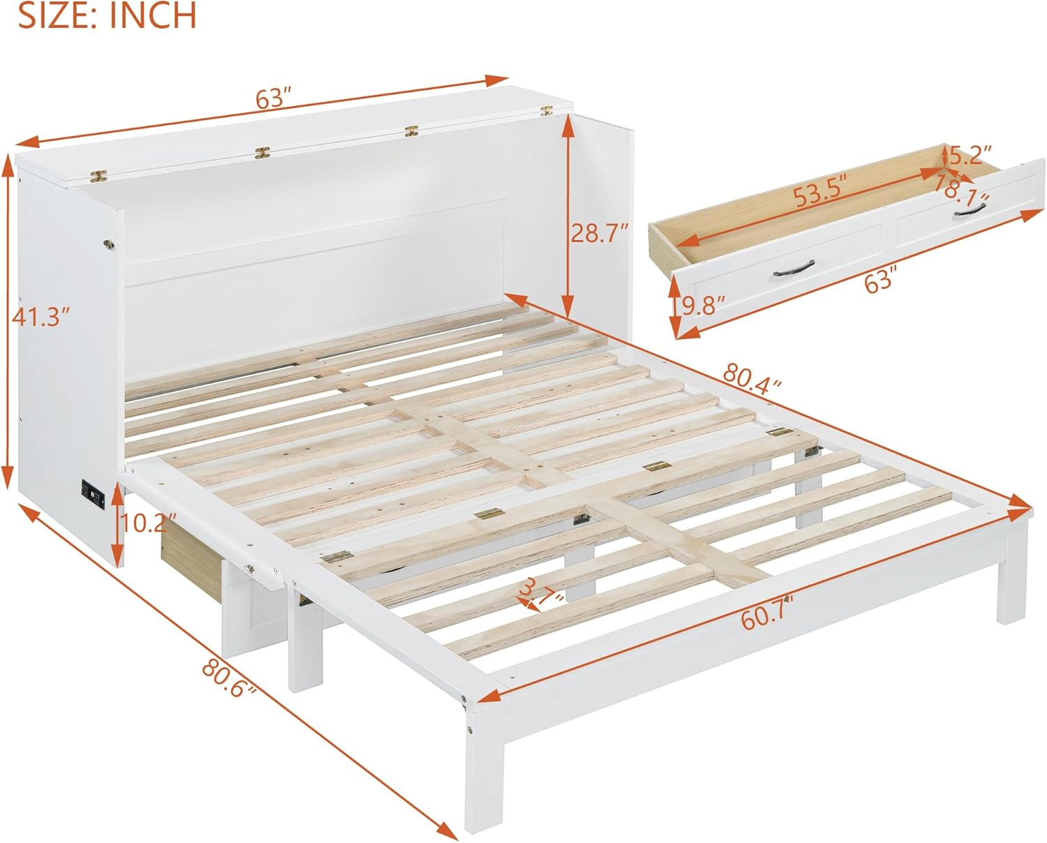 Size Murphy Bed Wall Bed Chest with USB Port and Large Drawers, Multi ...