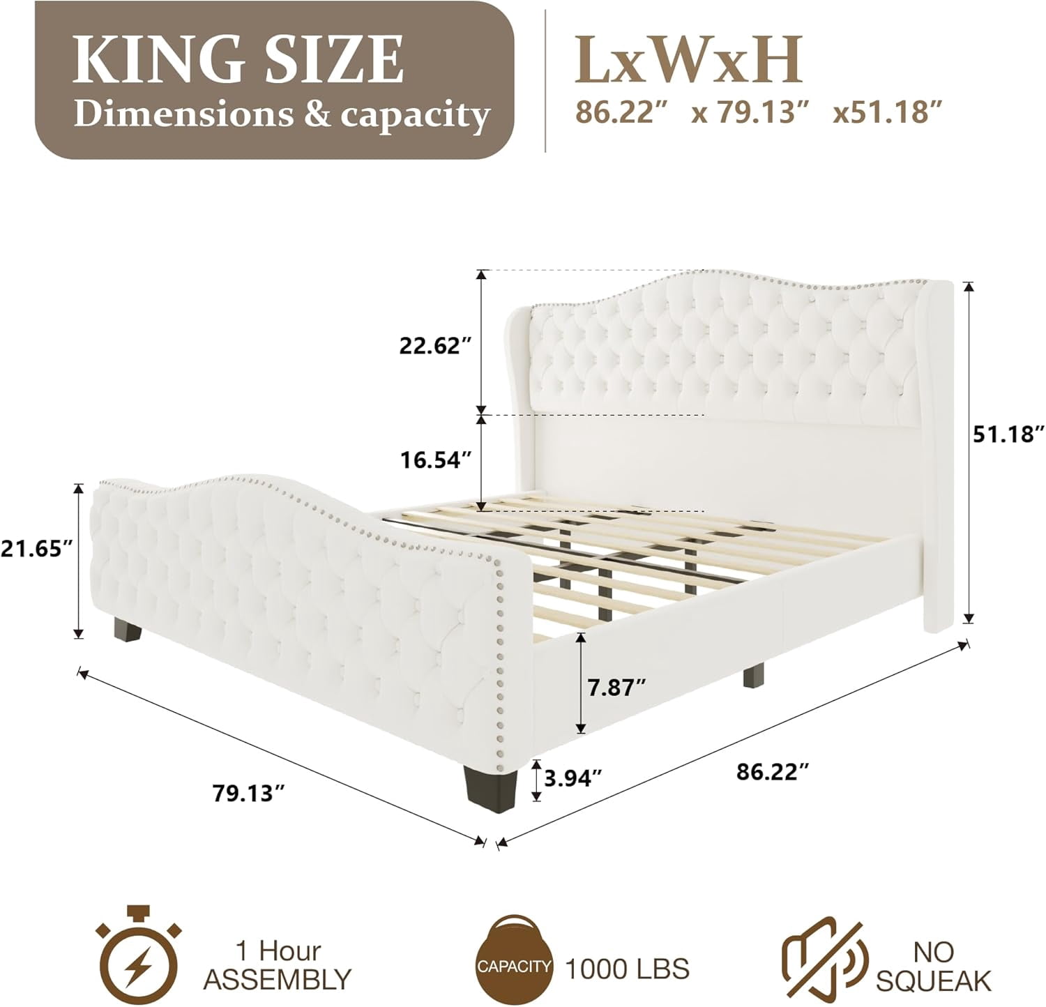 Size Platform Bed Frame with 51-inch Tall Camelback Headboard ...