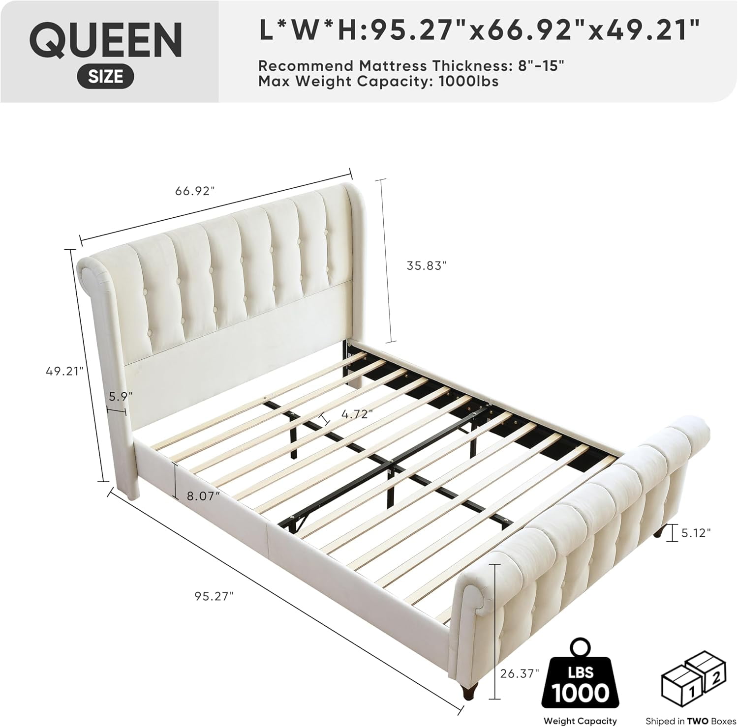 Size Sleigh Bed, Velvet Upholstered Platform Bed Frame with Tufted ...