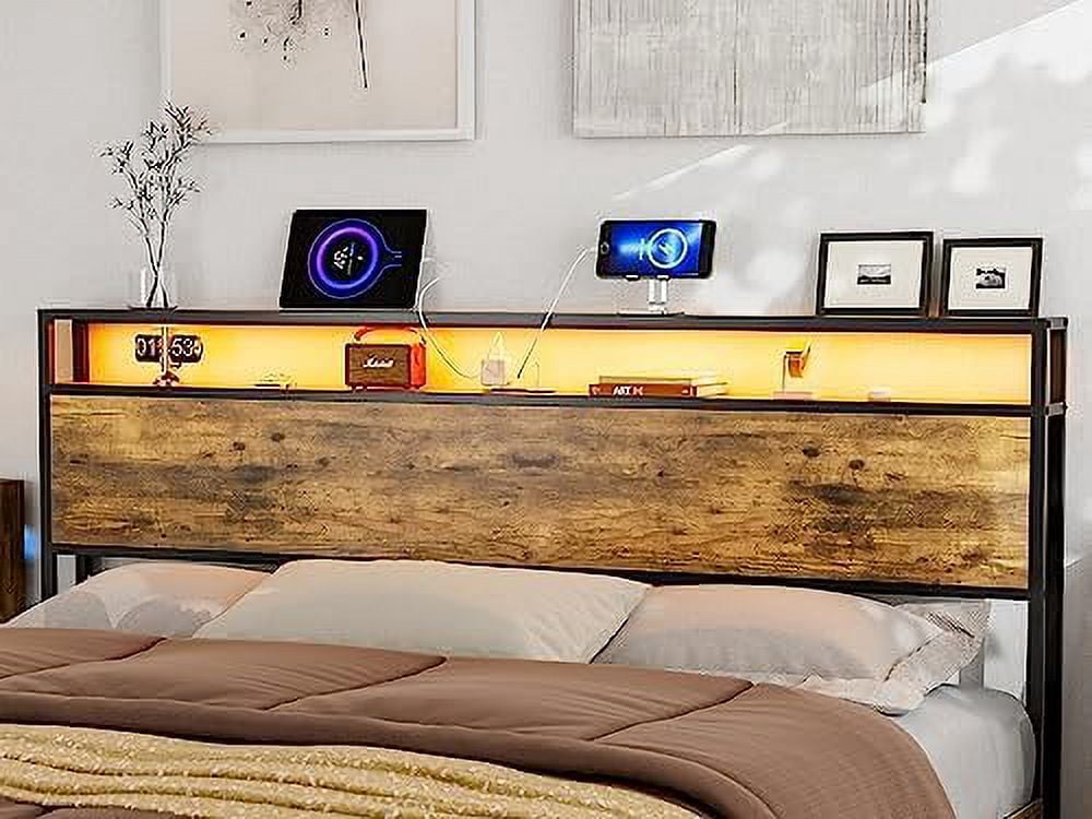 Size Storage Headboard with LED Lights & Charging Station - Industrial ...