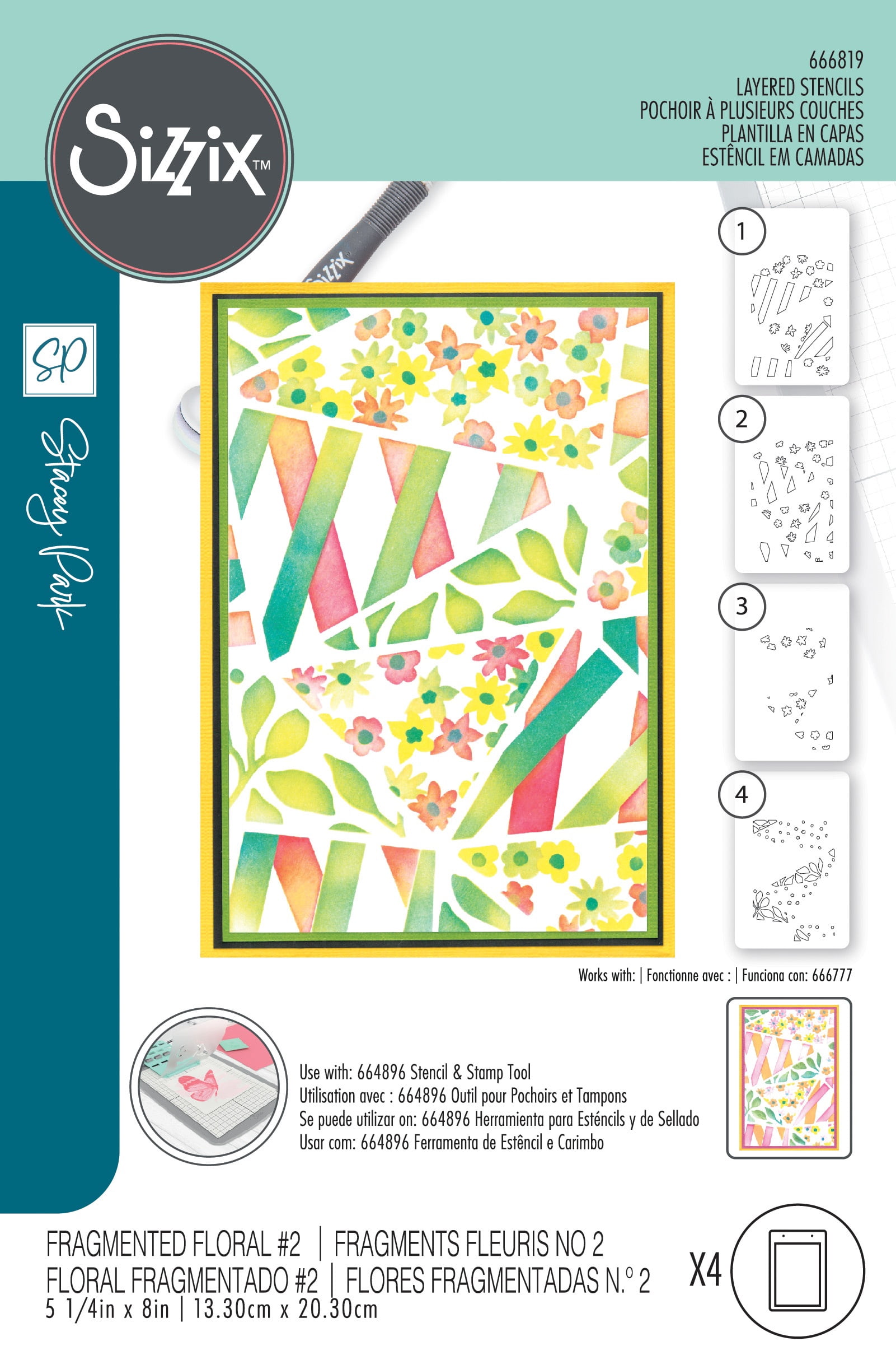 Sizzix A6 Stencil By Stacey Park 4/Pkg-Fragmented Floral #2 - Walmart.com