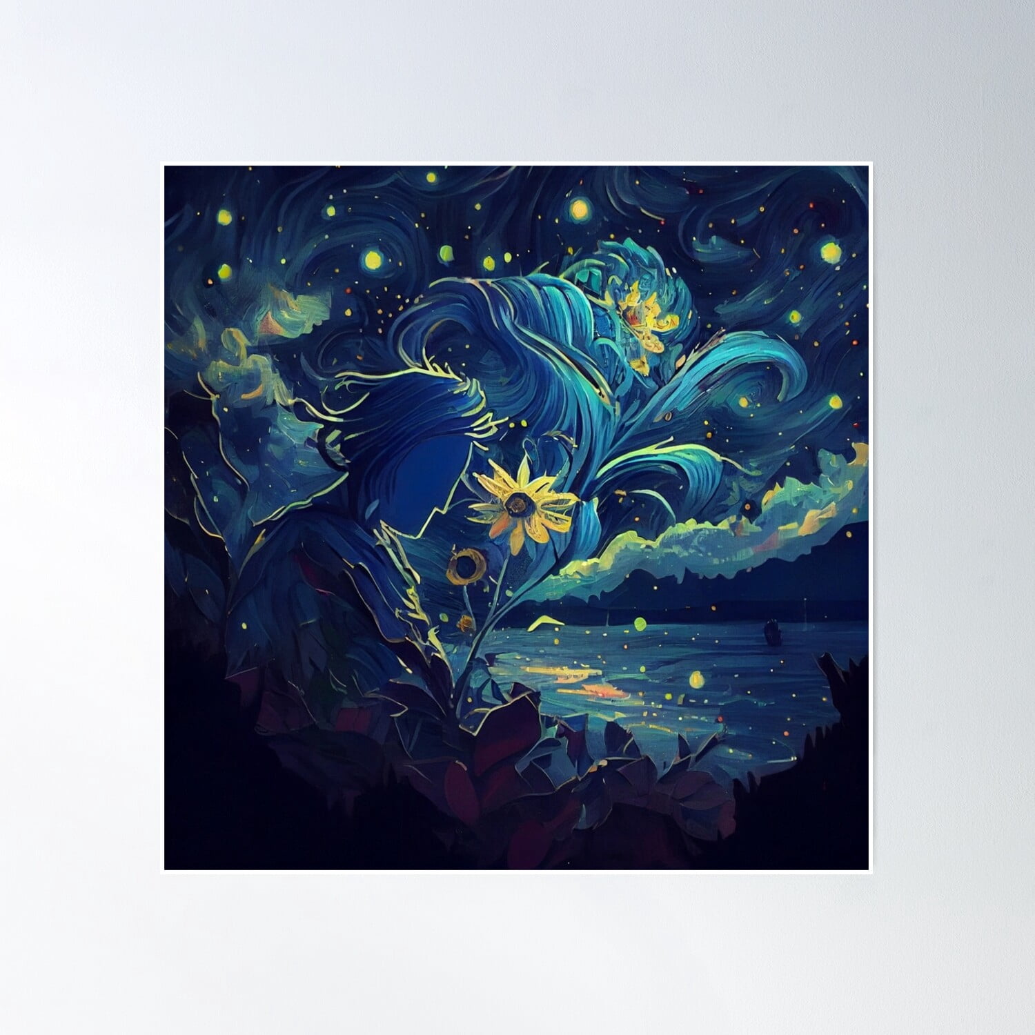 Sk Surrealist Starry Night Drawing Poster Wall Art, Modern Wall Decor ...